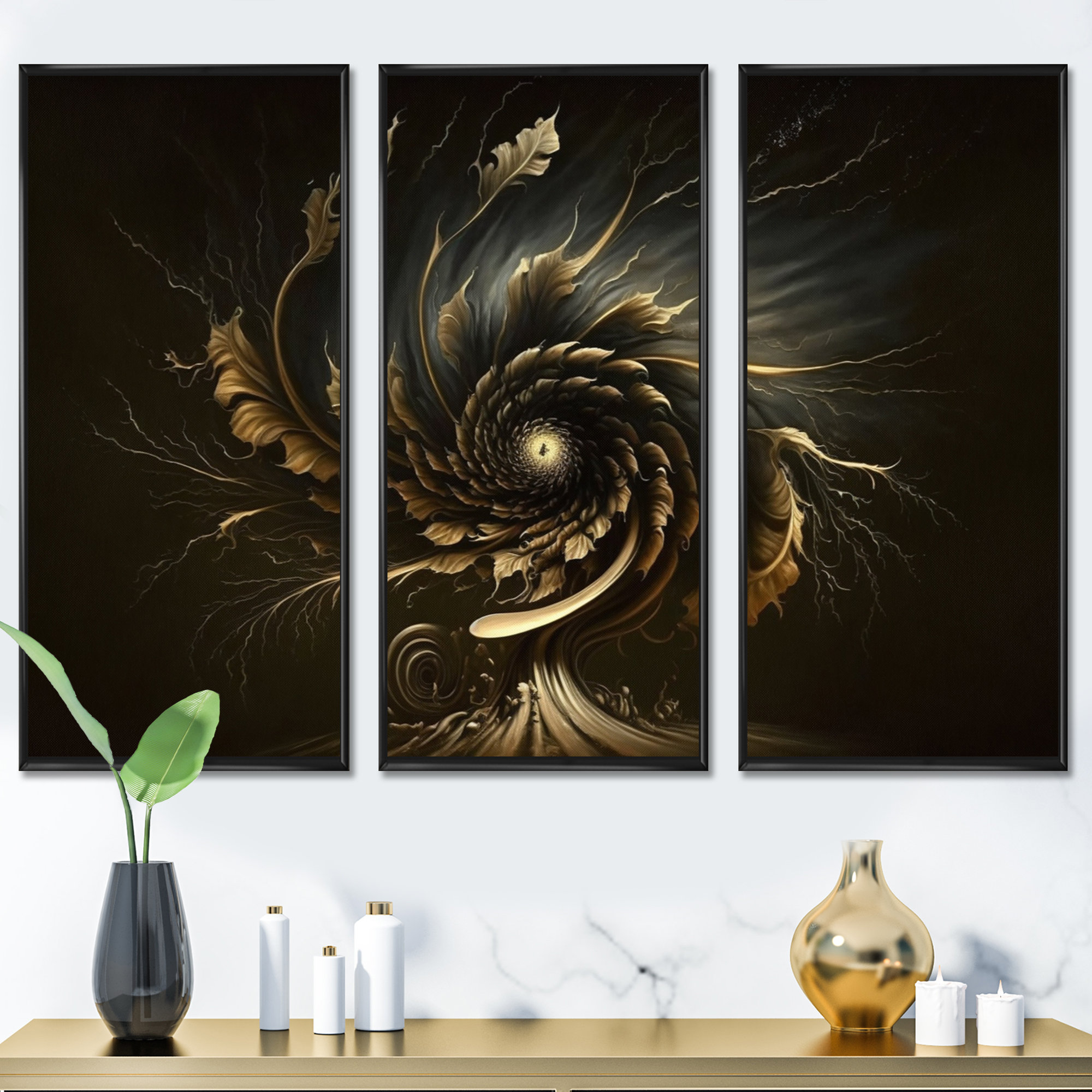 Design Art A Black And Gold Expression II - 3 Piece Floater Frame Print ...