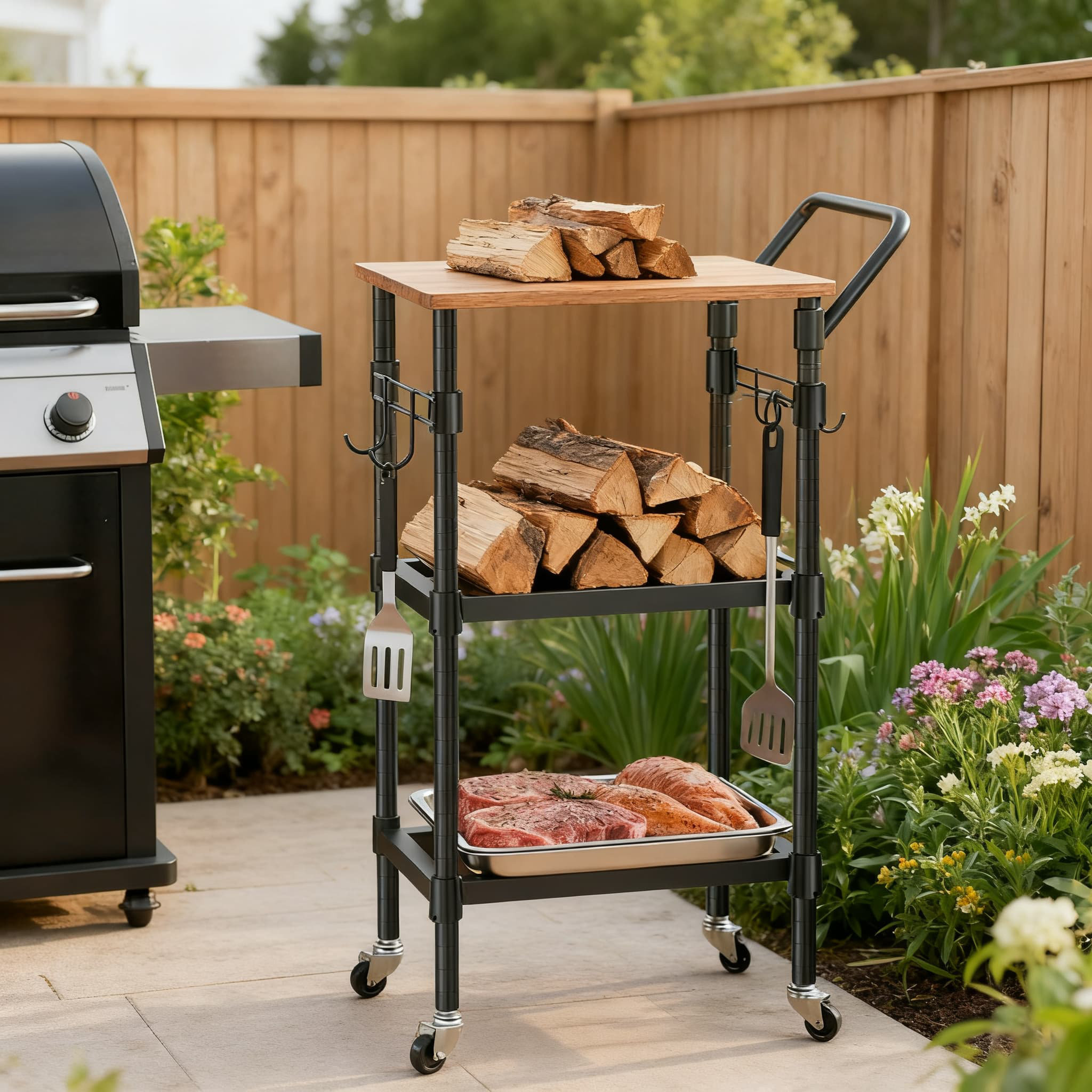17 Stories Heavy-Duty Rolling Firewood Rack With Wheels And Wood Table ...