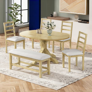 Gracie Oaks Farmhouse 6-Piece 60Inch Extendable Pedestal Dining Table ...