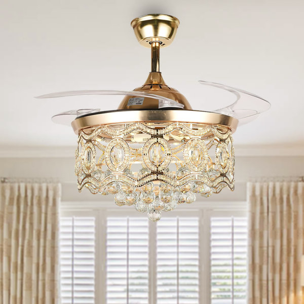 Rosdorf Park 42 Inch 4 Retractable Blades Gold Crystal Ceiling Fan With ...