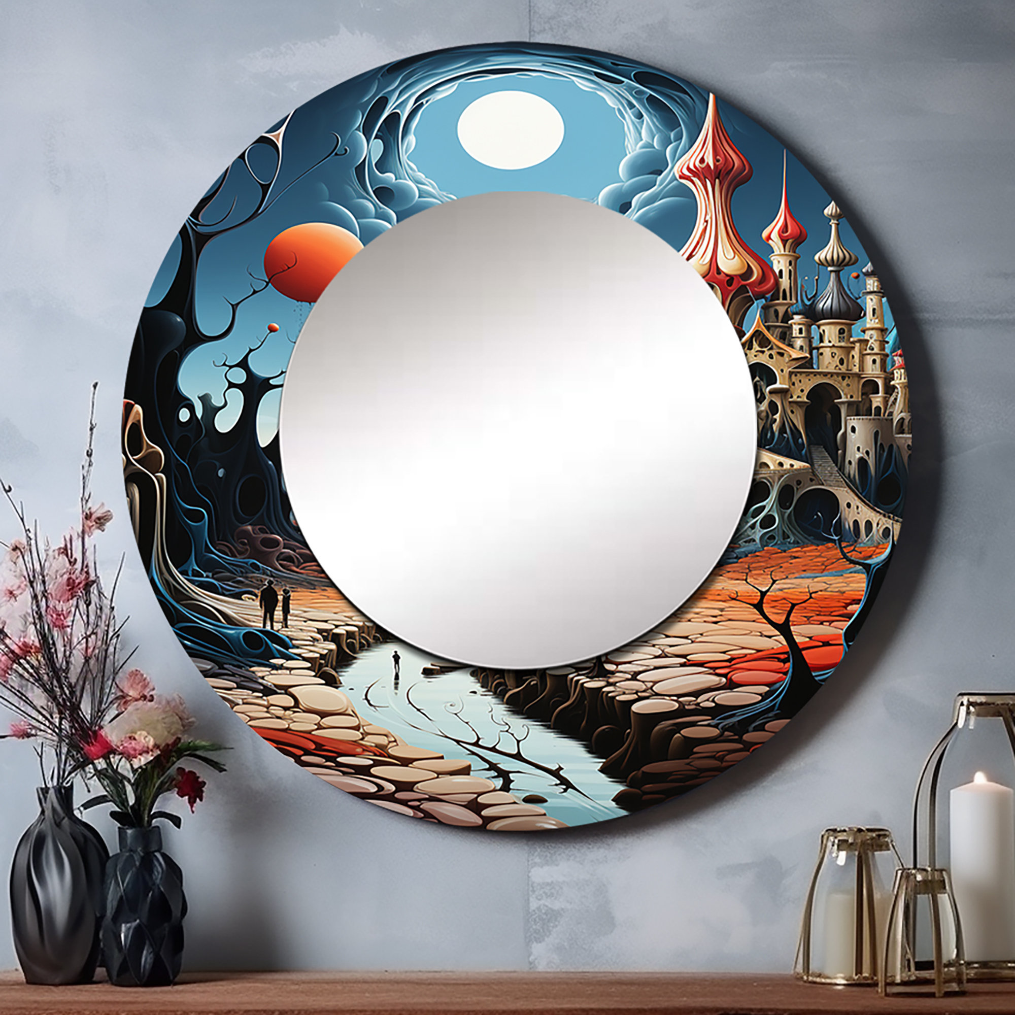 Design Art Surrealism Dalis Wonderland - Cityscapes Round Mirror Wall ...