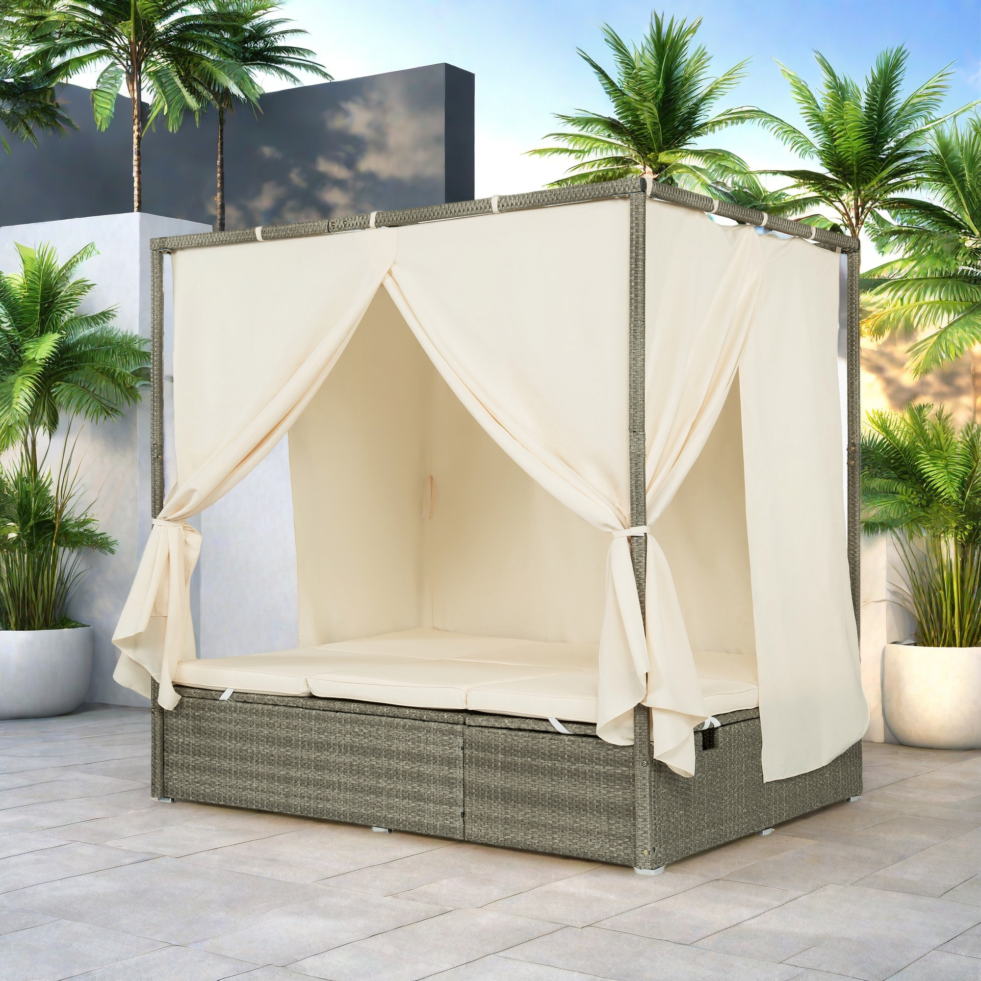 Latitude Run® Outdoor Sun Bed With Curtain And Adjustable Backrest ...