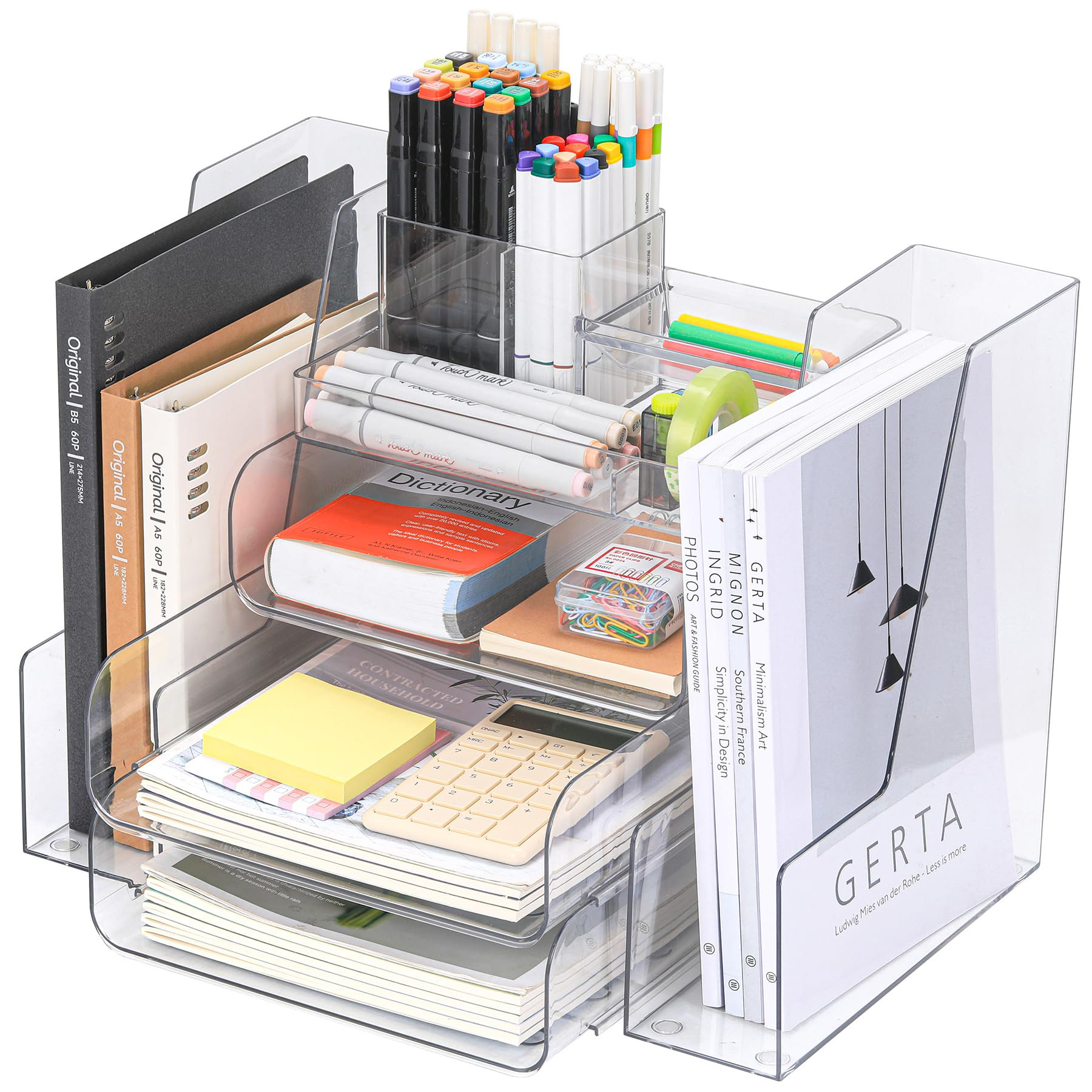 Inbox Zero Desk Organizer With 2 Vertical File Holder, 4 Tier Stackable ...