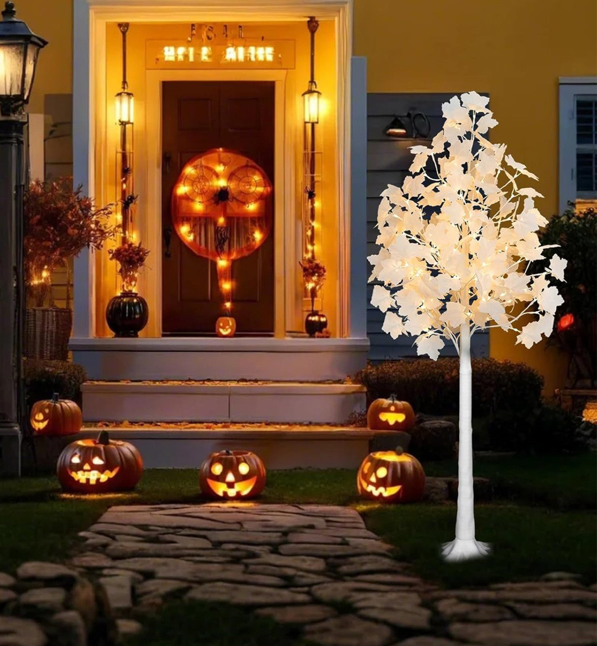 Primrue 5FT Artificial Lighted White Maple Tree,96 LED,Dual-Tone Lights ...