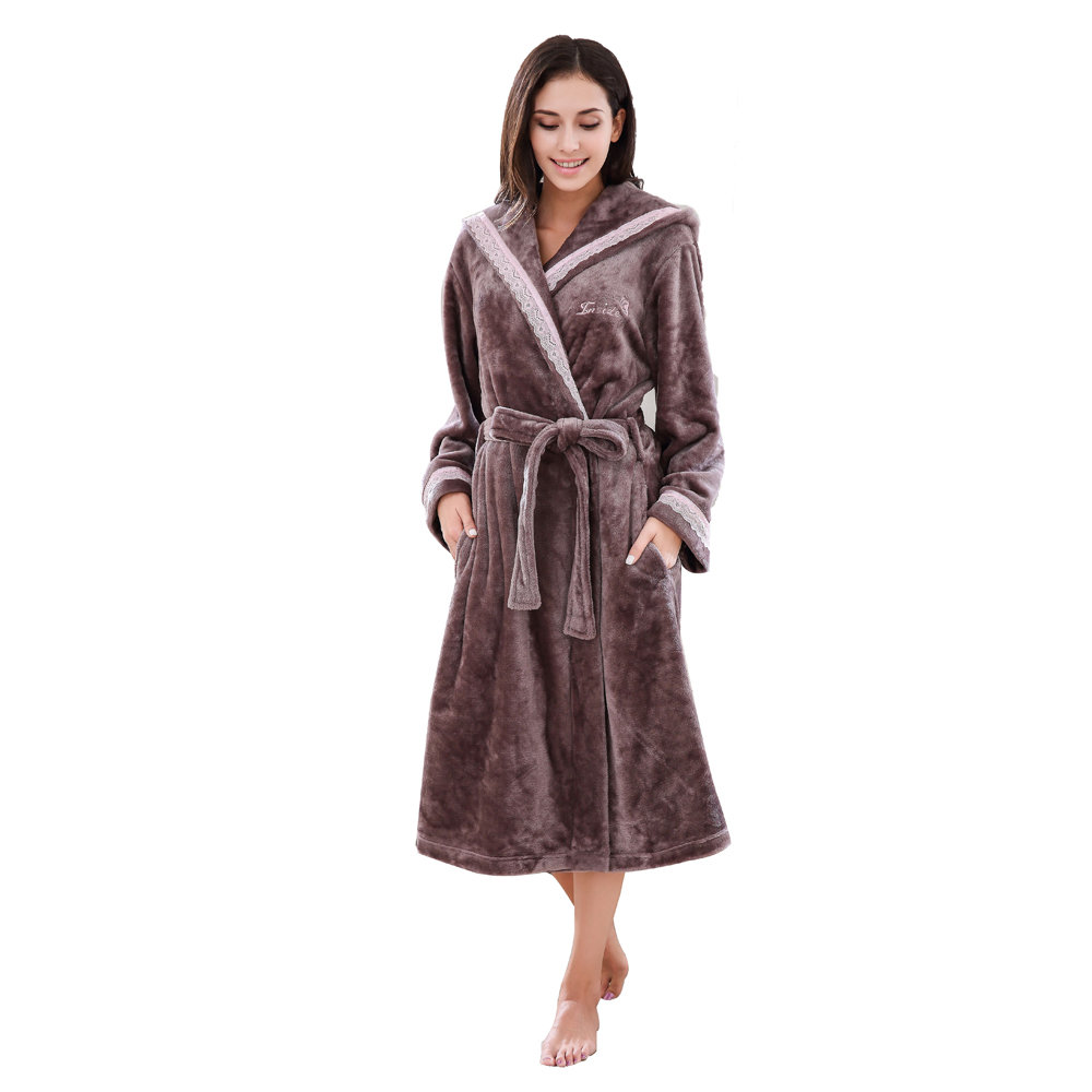 Alwyn Home Women's Long Hooded Robe Plush Soft Warm Fleece Elegant ...