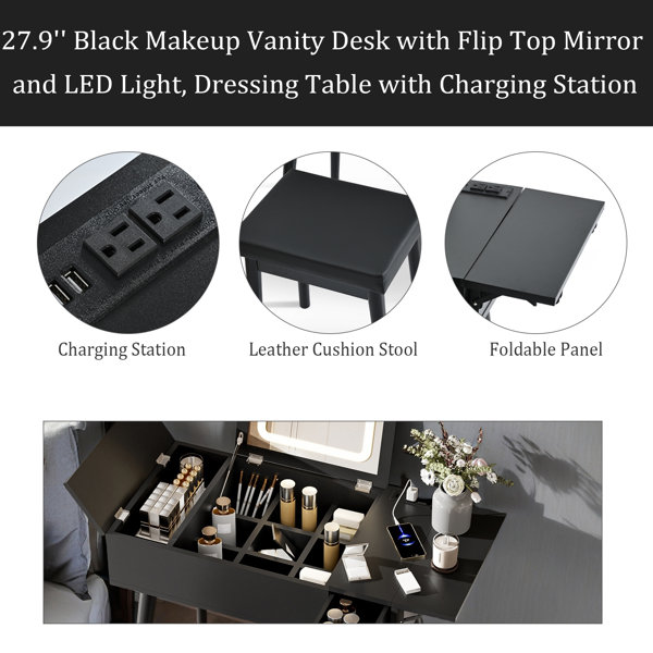 George Oliver 27.9" Black Vanity Desk With Flip-Up Mirror, LED Lights ...