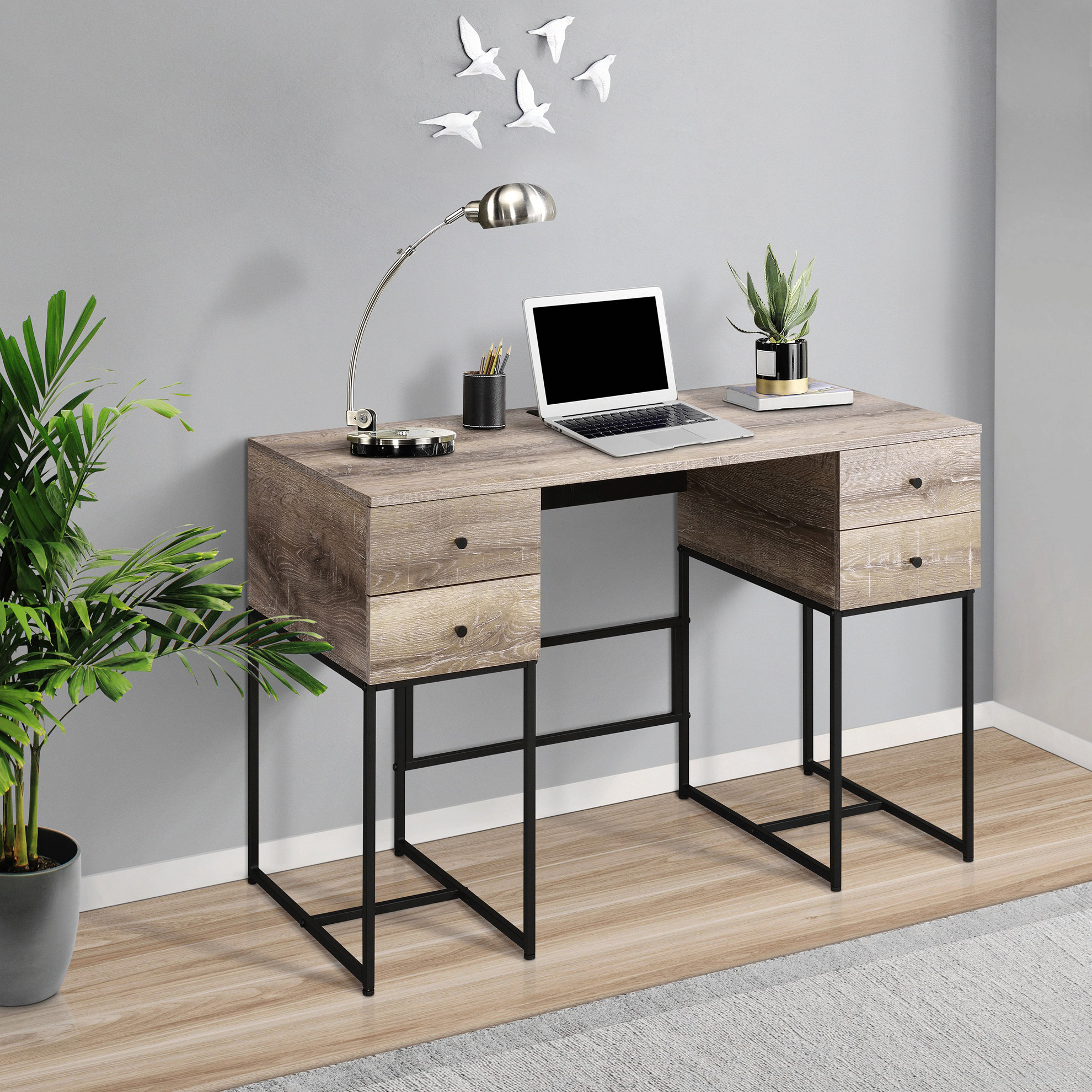 17 Stories Rustic Oak And Black 4-Drawer Writing Desk - Wayfair Canada