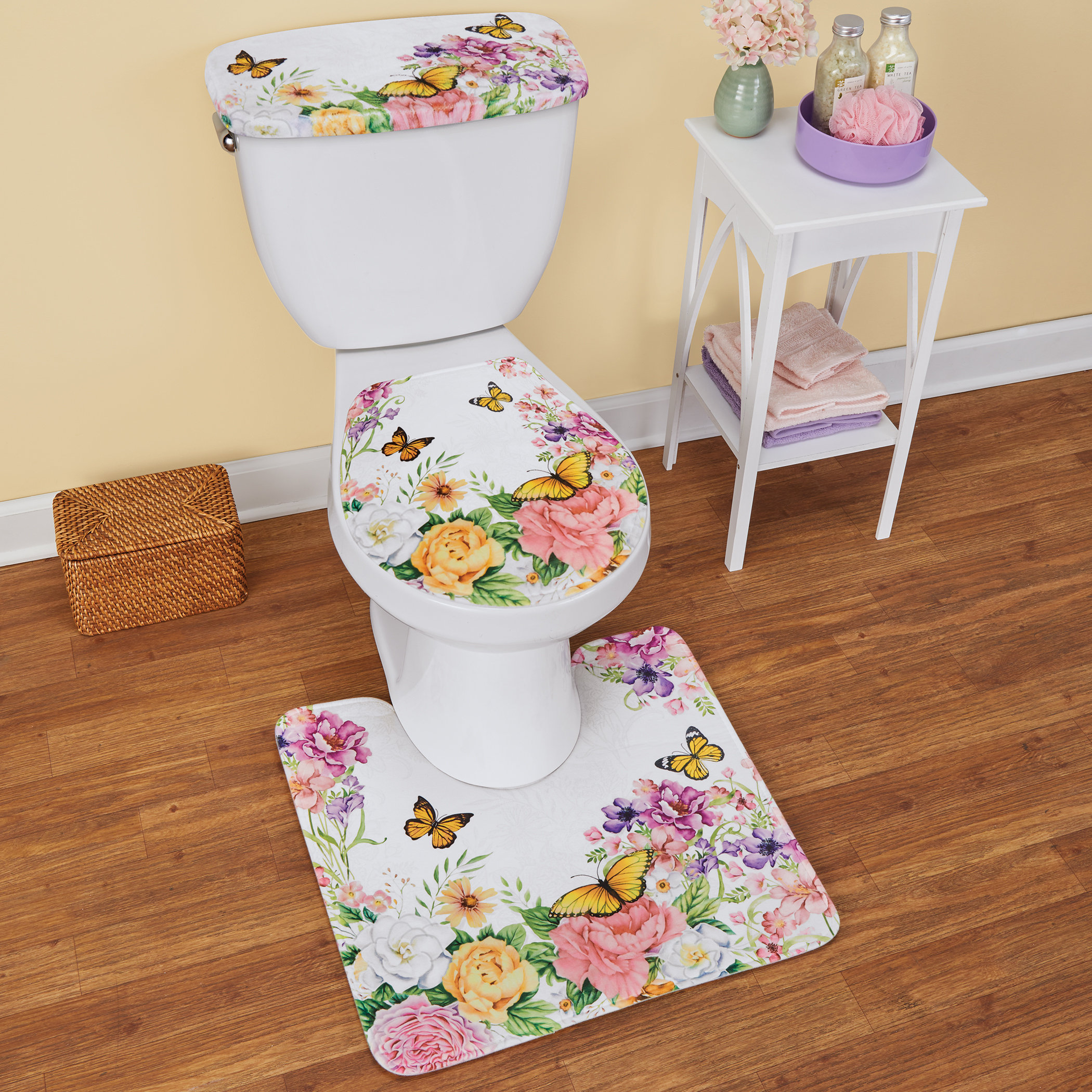 August Grove® 3-Piece Beautiful Butterfly & Floral Commode Set ...
