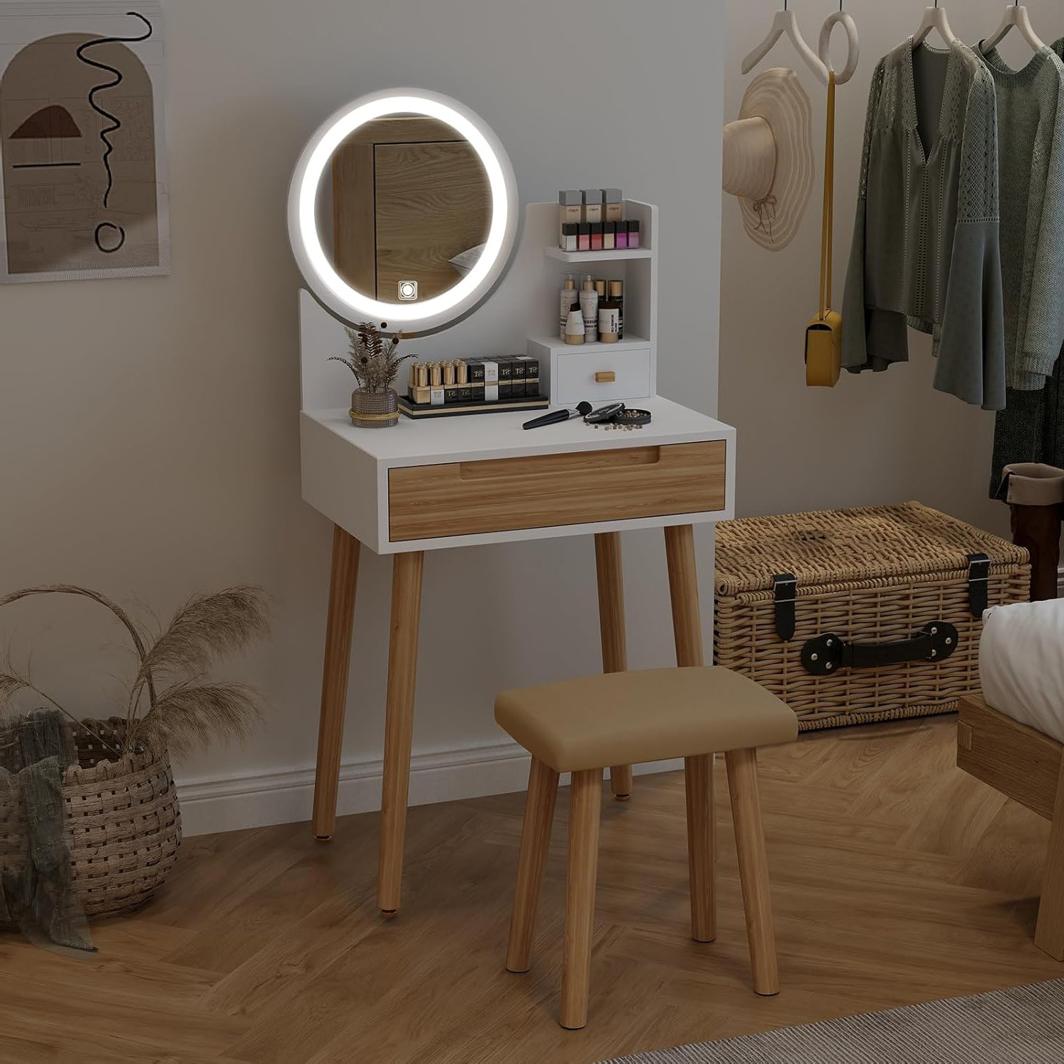 Corrigan Studio Small Vanity Desk Set with 3 Adjustable Lighted Mirror ...