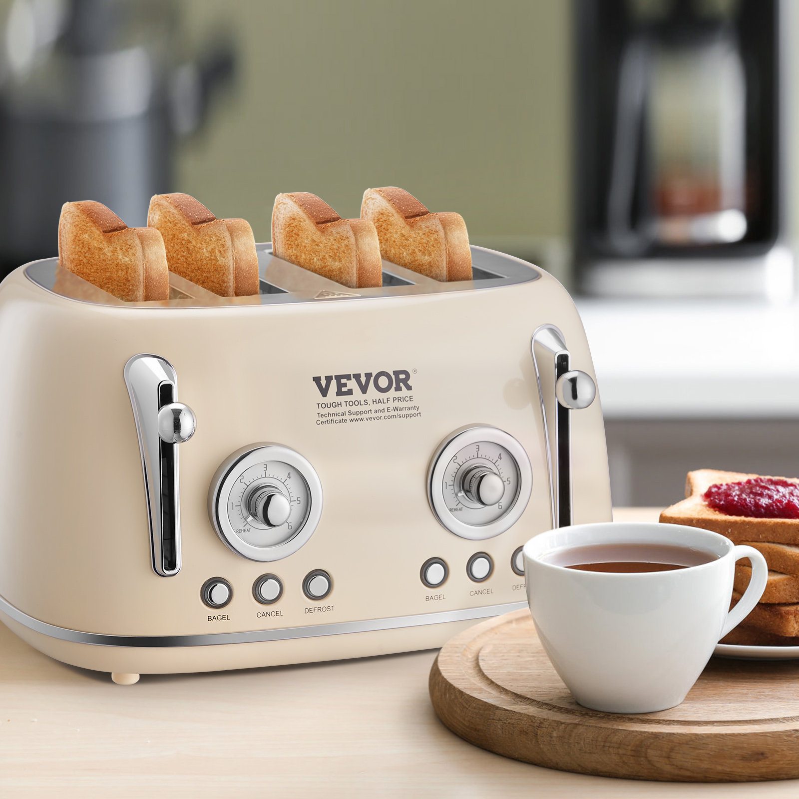 VEVOR Brushed Stainless Steel Toaster, 4 Slice, 1650W 1.5'' Extra Wide ...