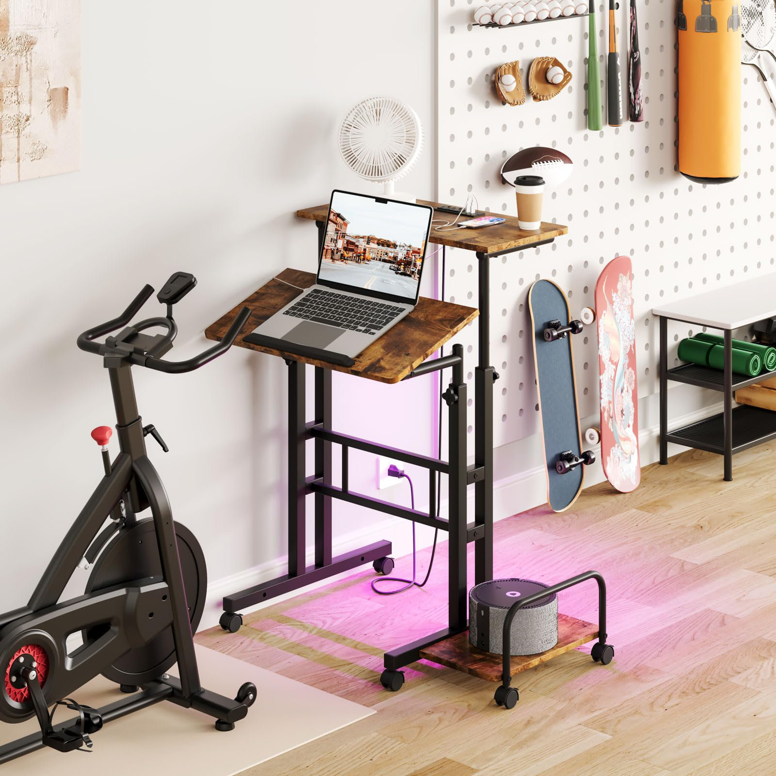 Inbox Zero Mobile Standing Desk With Power Outlets & Strip Lights ...