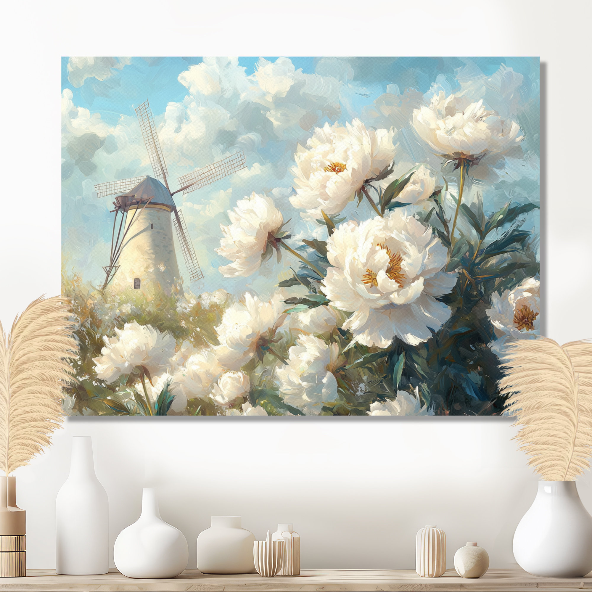 August Grove® Drobman Peonies And The Windmill II - Peonies Large Wall ...