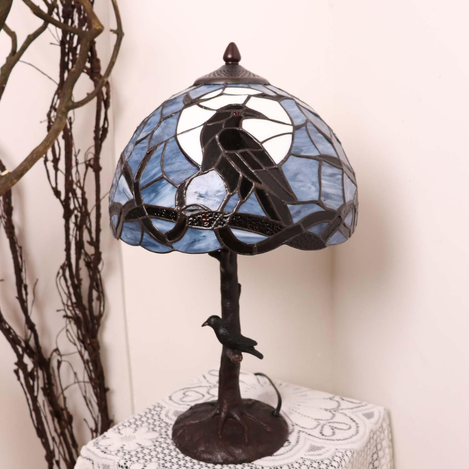 Co-t Tiffany Style Stained Glass Table Lamp With Raven On Tree Branch ...