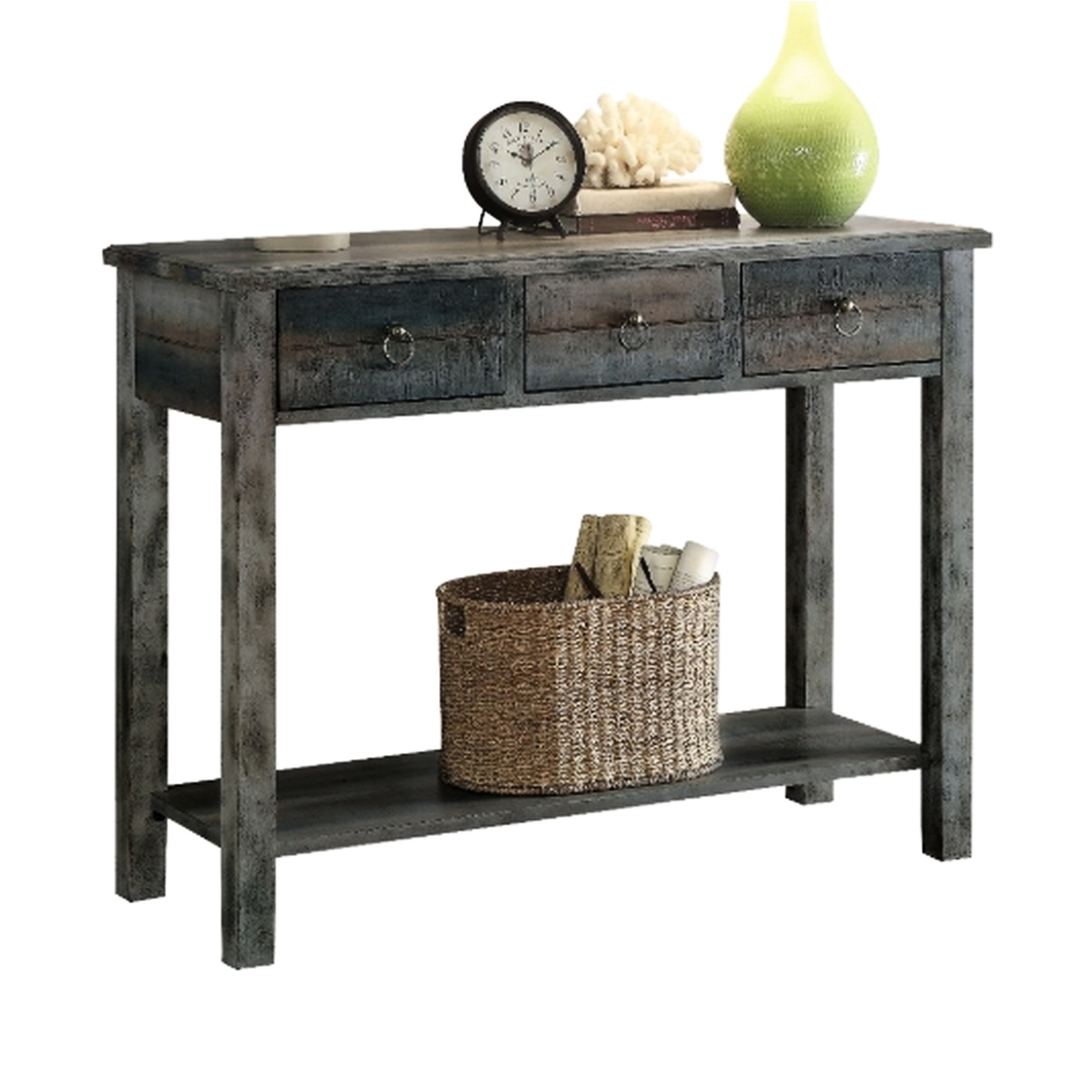 House of Hampton® Console Table In Antique Gray & Teal Finish, Rectangular Wooden Top With Two ...