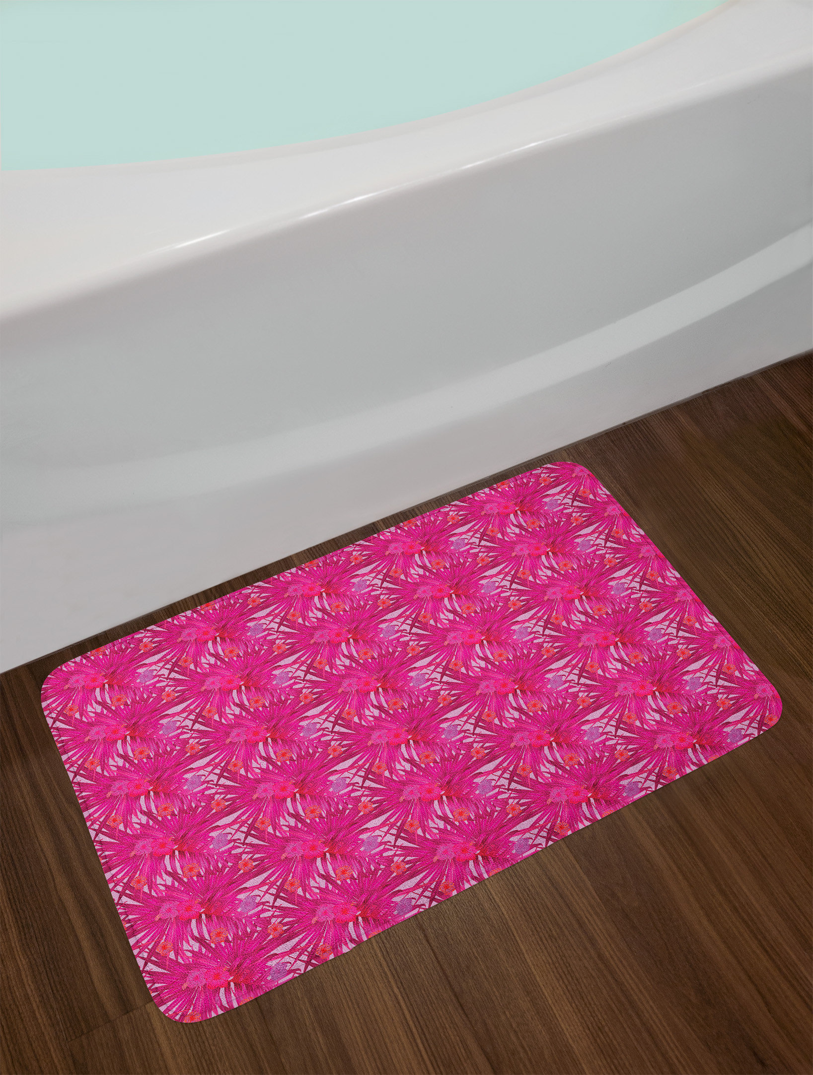 East Urban Home Hibiscus Plush Bath Mat, Tropical Magenta Monstera, 30. ...