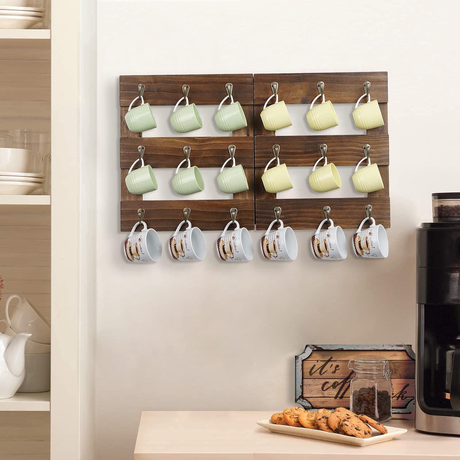 17 Stories Wood Coffee Mug Holder Stand 18 Hooks, Foldable Wall Mounted ...