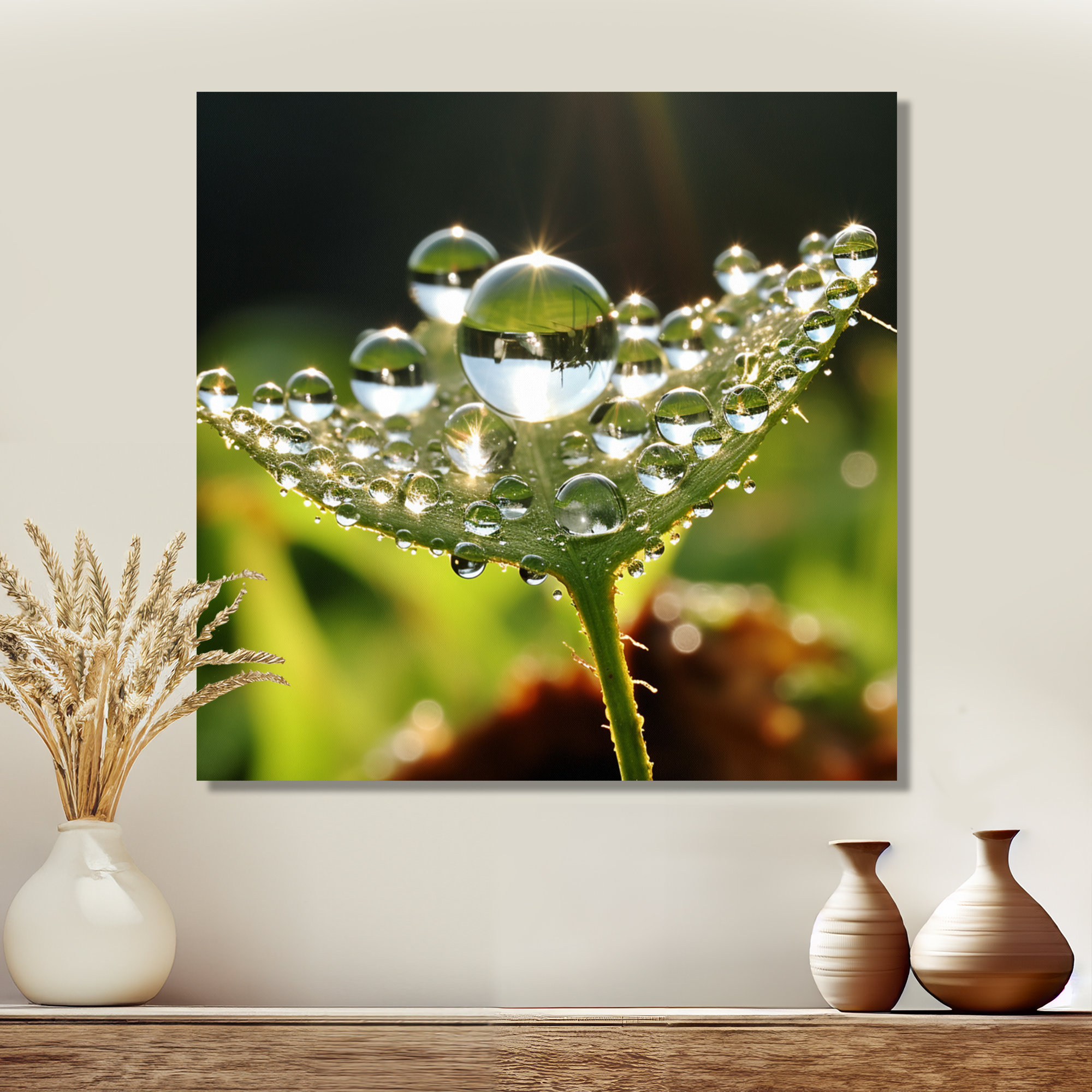 Ebern Designs Morning Sun Dew Drop Reflection - Leaves Wall Art Print ...