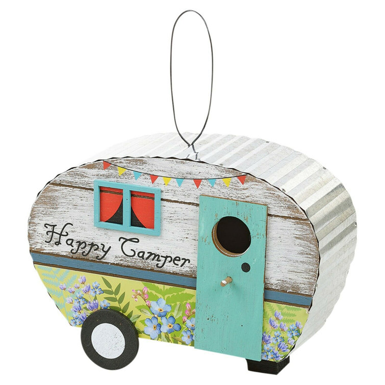 House of Hampton Wooden Birdhouse Caravan With Tin Roof - Happy Camper ...