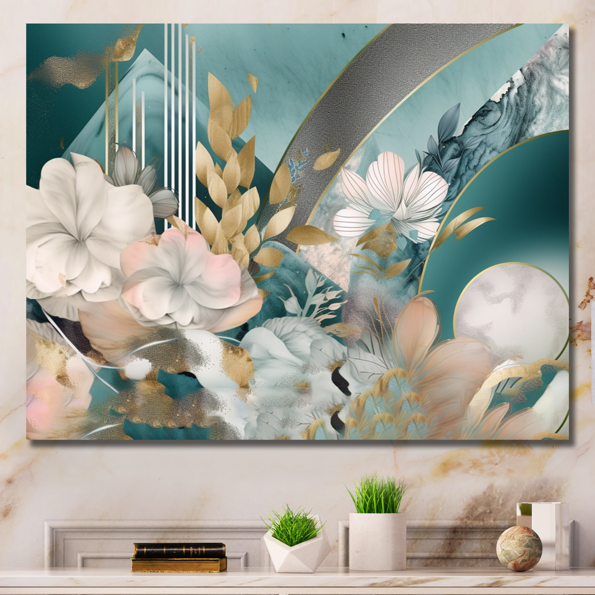 Mercer41 Golden Blue and Pink Smooth Floral Design III - Print | Wayfair