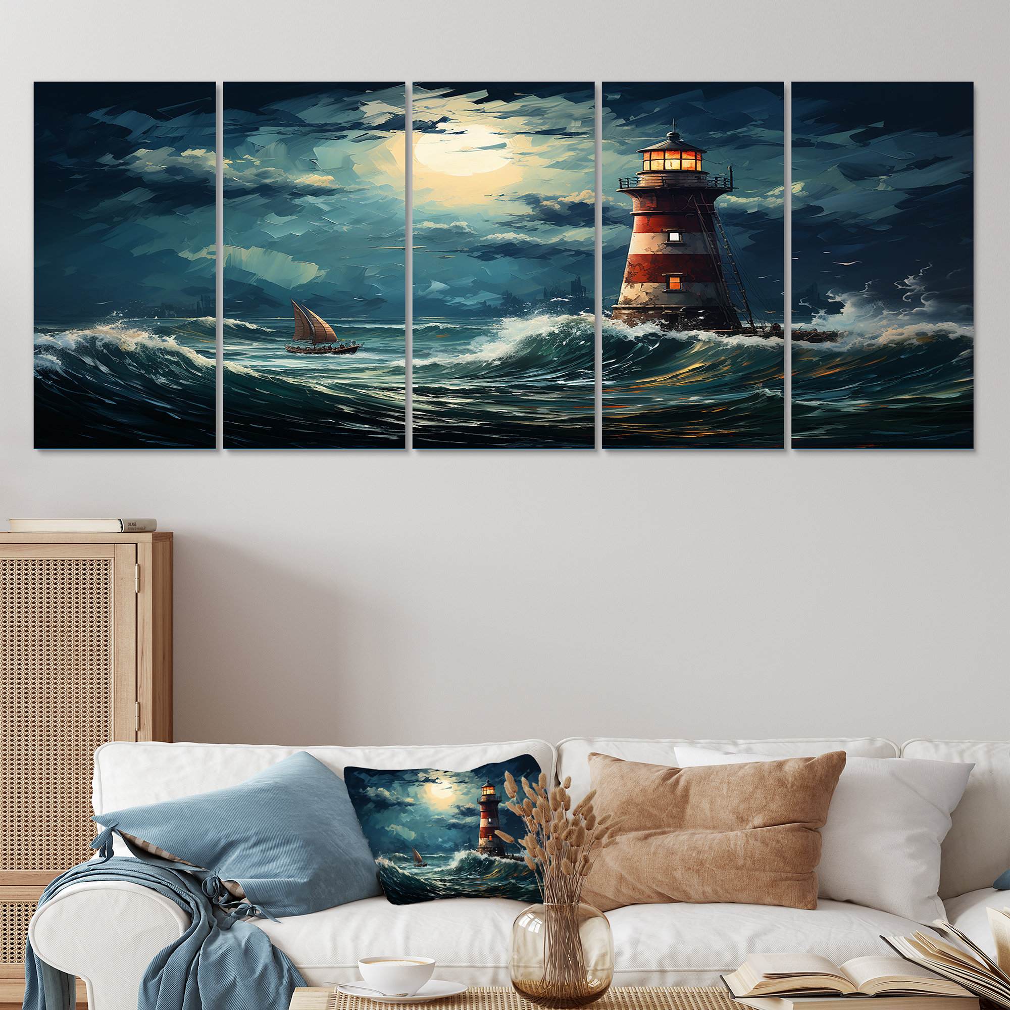 Breakwater Bay Lighthouse Stormy Sea I - Lighthouses 5 Piece Wall Art ...