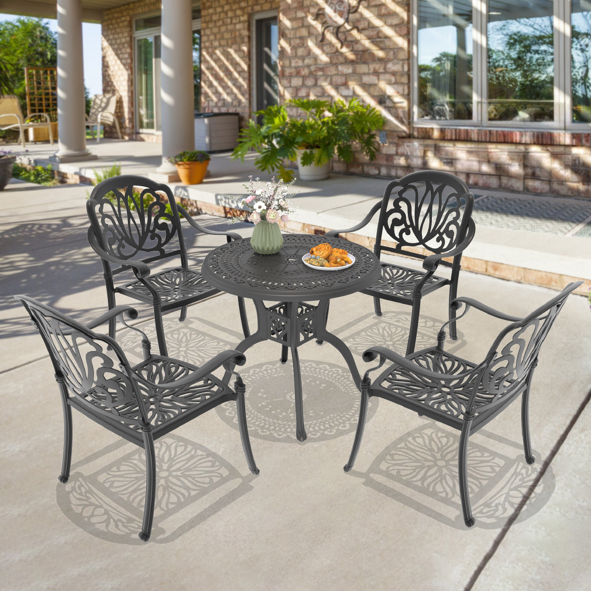 MIRROR FLY 31.5-inch Round Table Cast Aluminum Outdoor Dining Set with ...