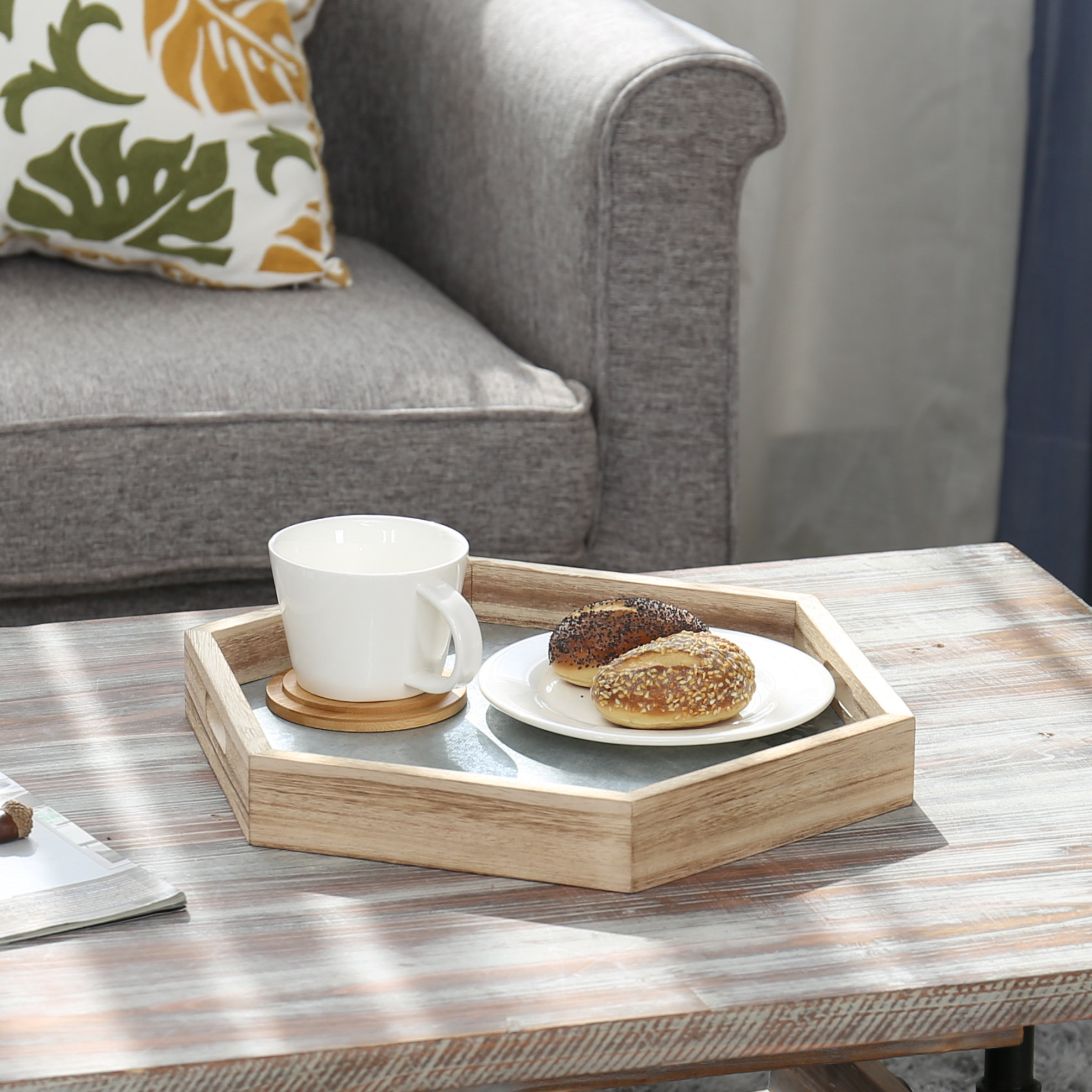 Gracie Oaks Wood Hexagonal Serving Coffee Tray with Galvanized Base ...