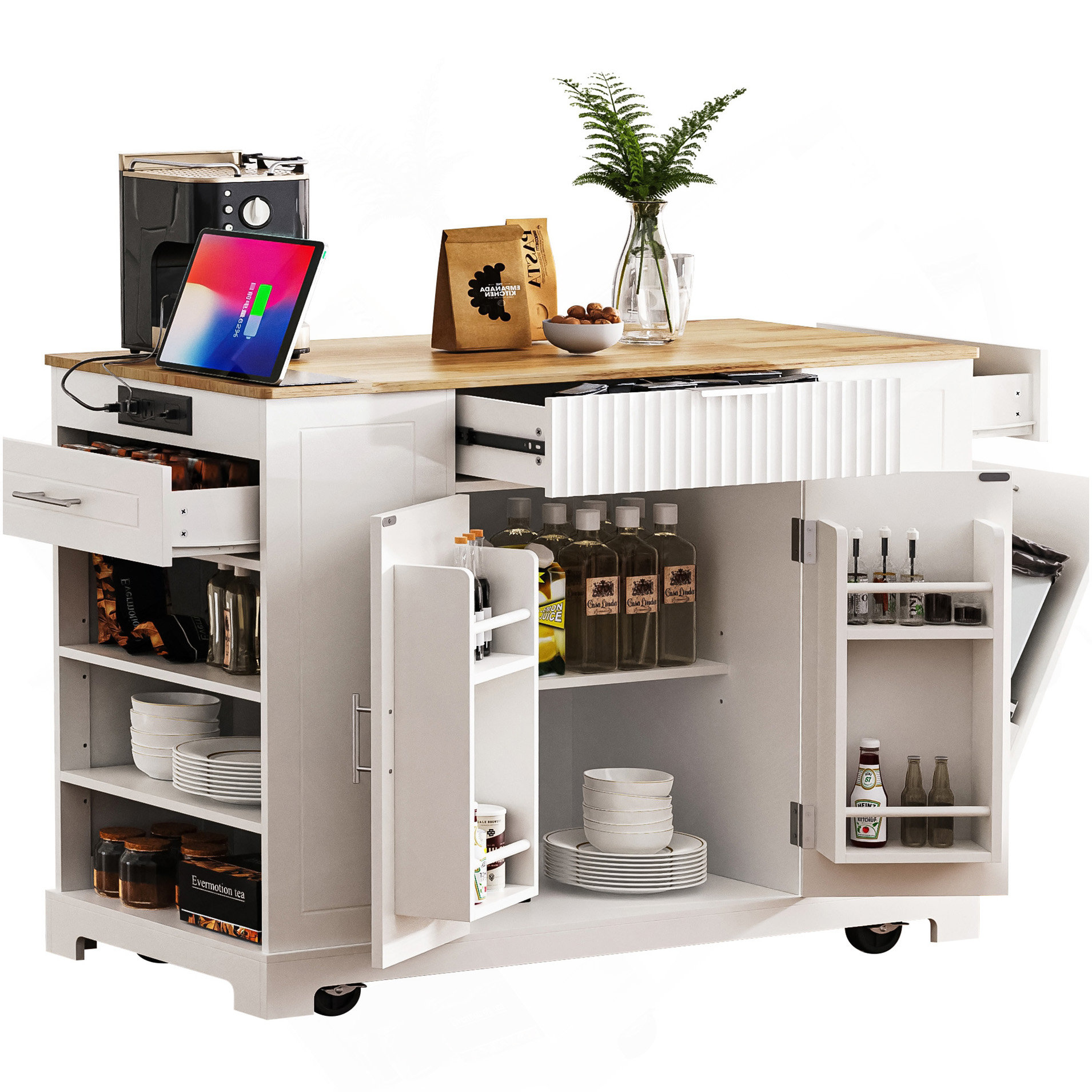 August Grove® Fluted Kitchen Island With Trash Can Storage Cabinet ...