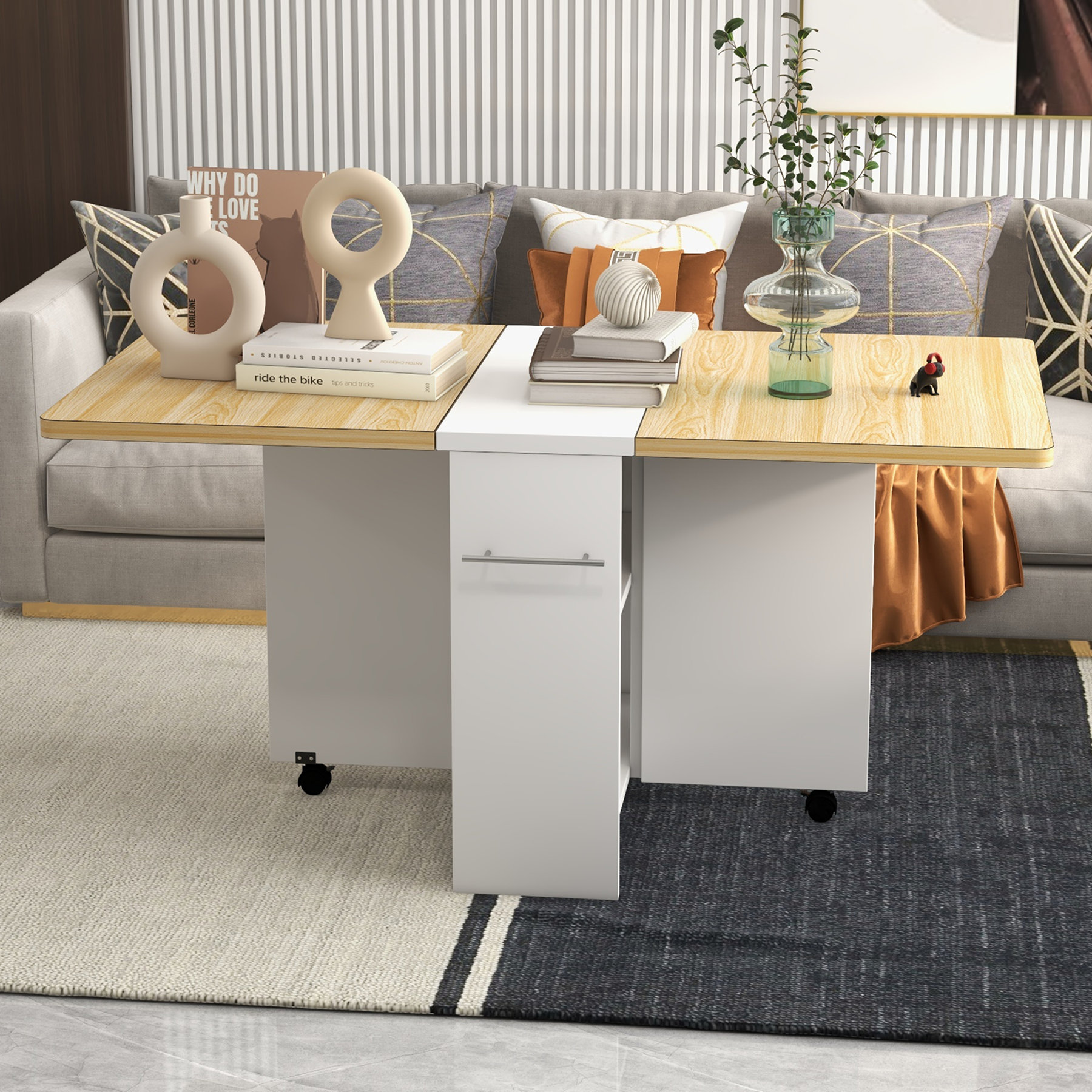 Ebern Designs Drop Leaf Dining Table With Storage Rack And Wheels For ...