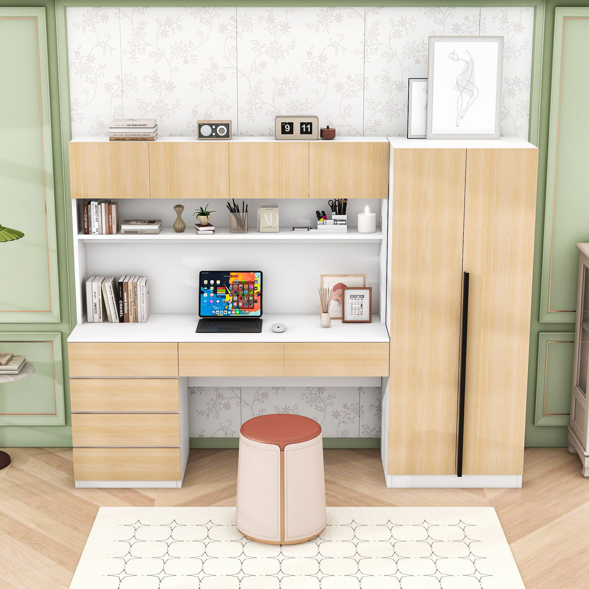 Latitude Run® 2-Door Wood Wardrobe with Built-in Desk, Shelves and 6 ...
