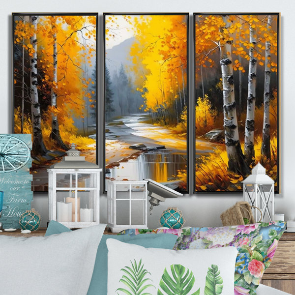 DesignArt Path Into The Yellow Forest II Framed On Canvas 3 Pieces ...