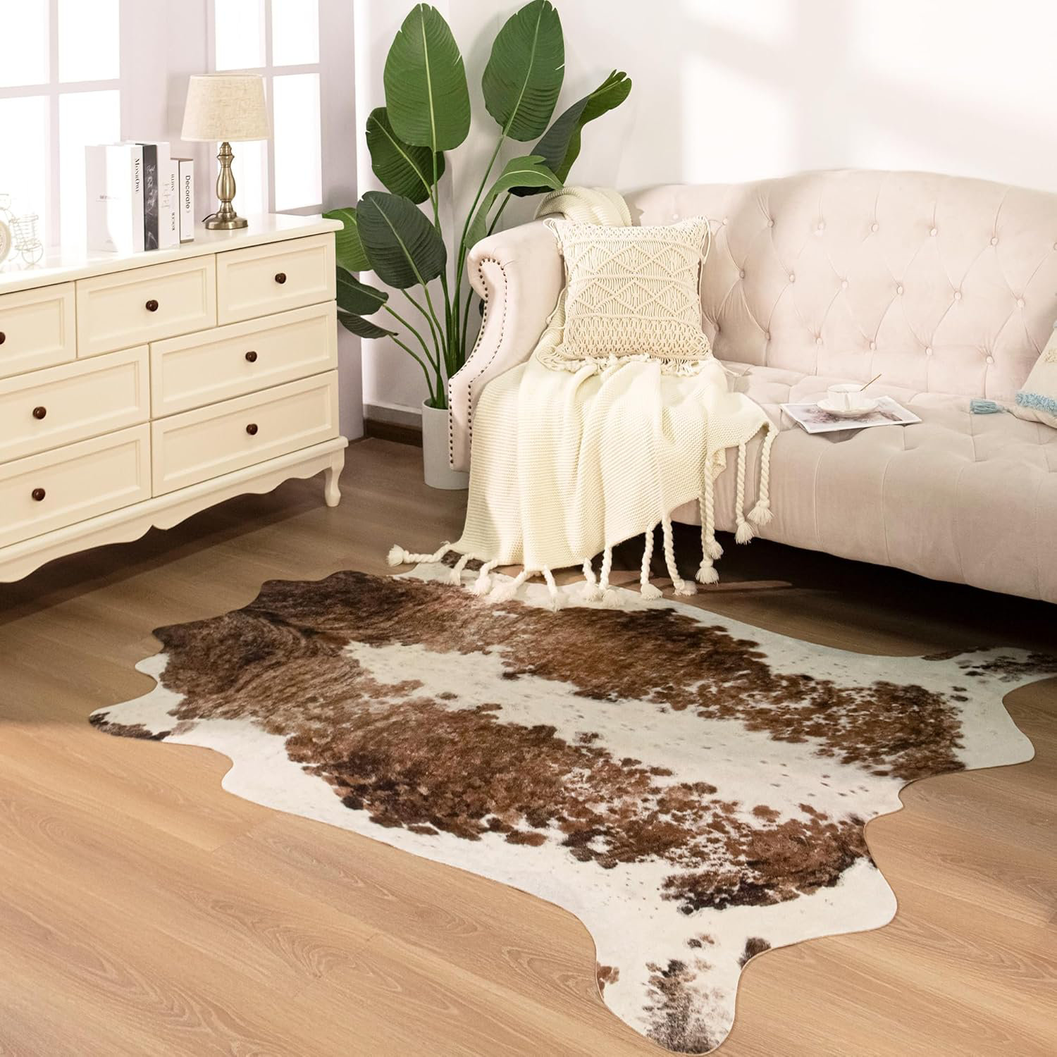Everly Quinn 8'x10' Rectangular Faux Cowhide Area Rug in Camel and ...
