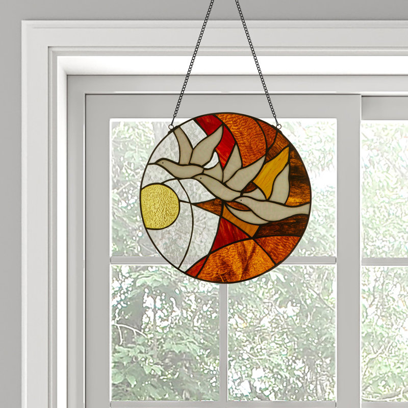 Fleur De Lis Living 14"H Doves at Sunset Round Stained Glass Window ...
