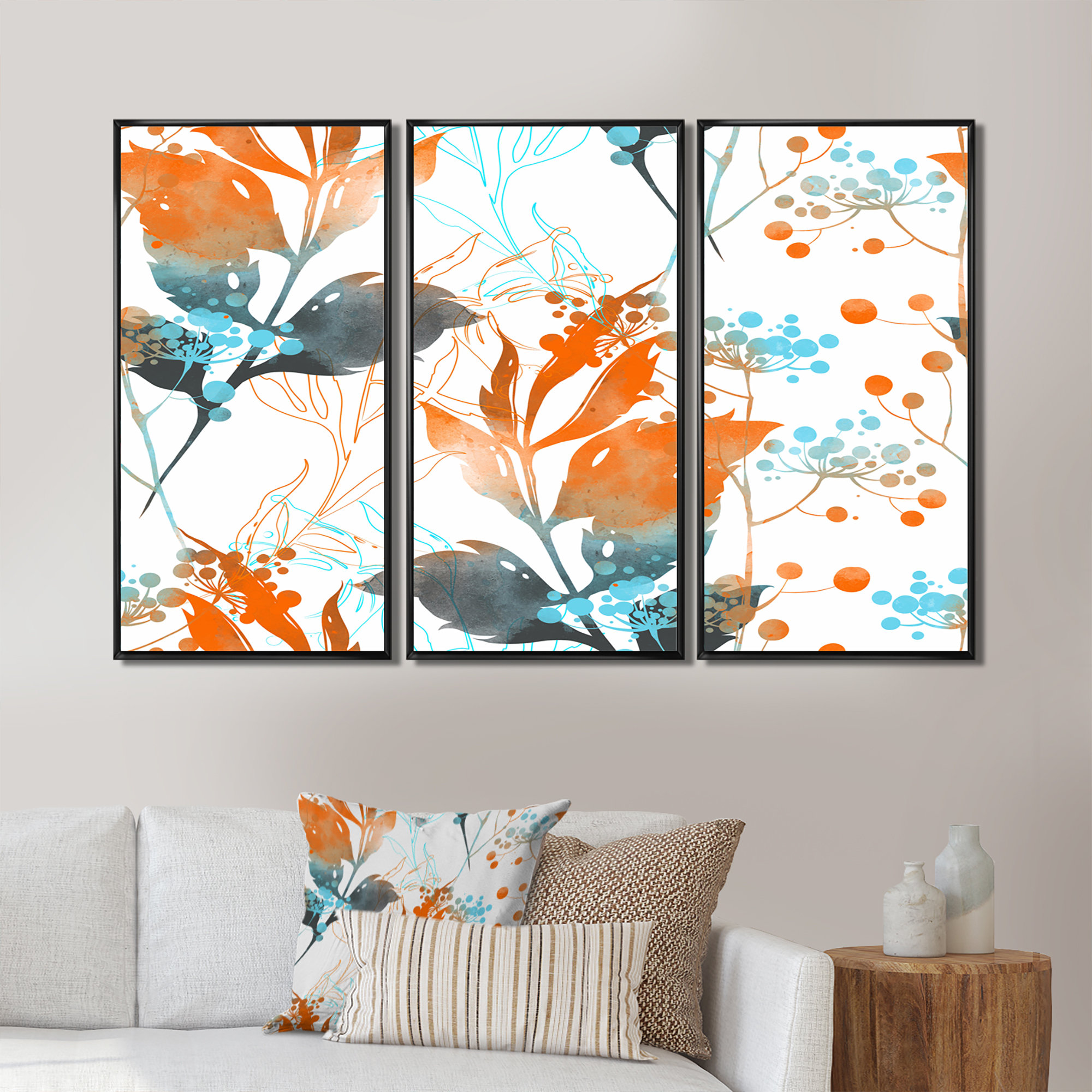Winston Porter Boho Orange And Blue Leaves - Traditional Framed Canvas ...