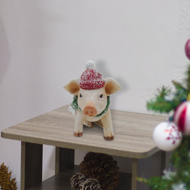 The Holiday Aisle® Pig Statue with Green Scarf and Snow Cap | Wayfair