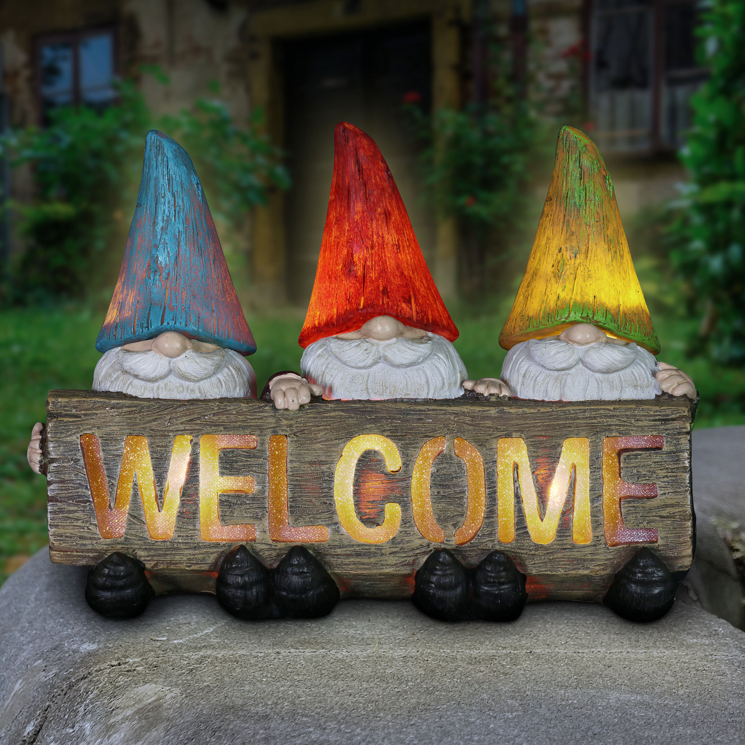 Exhart Solar Welcome Sign Held by Three Garden Gnomes Statuary, 13 by 8 ...
