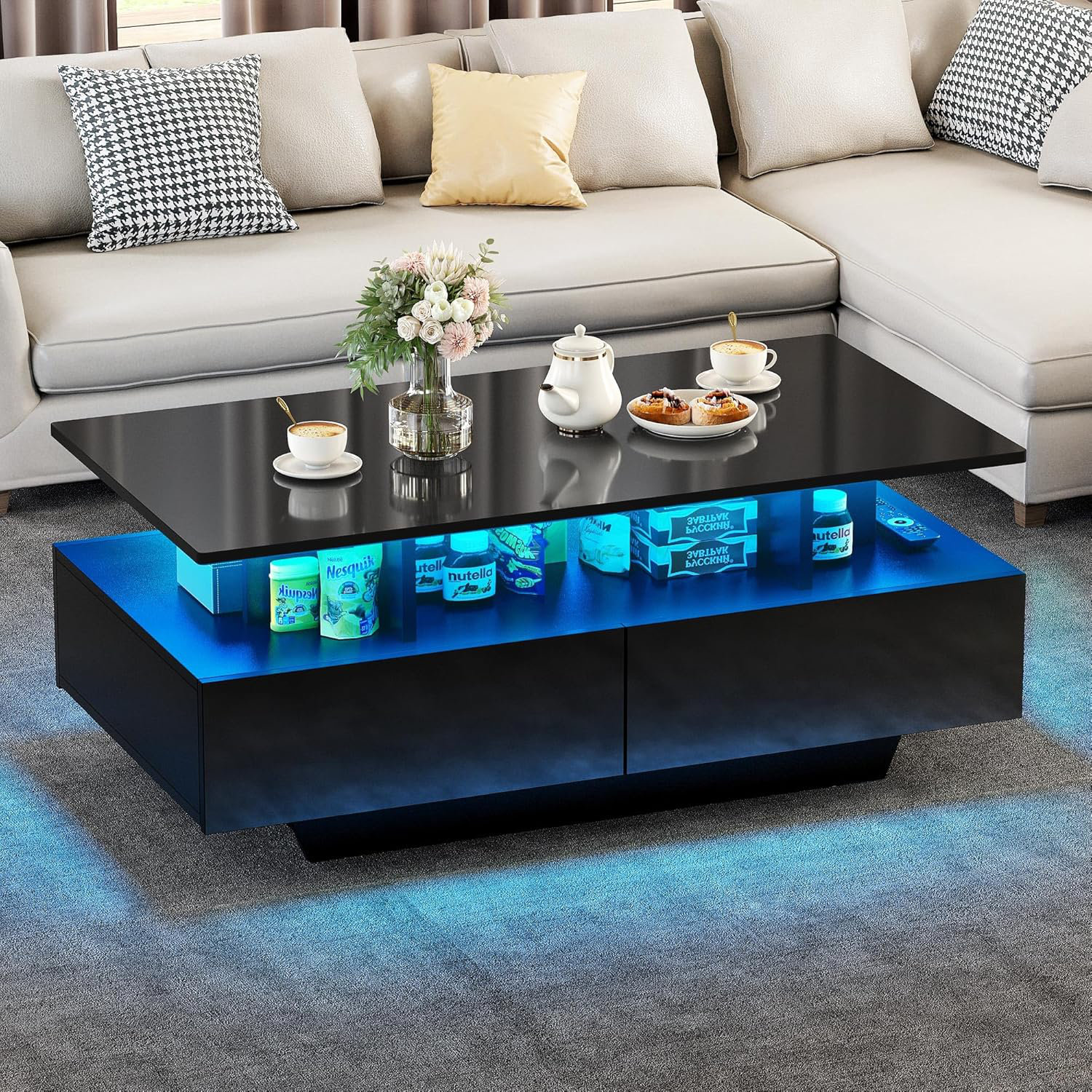 Ivy Bronx High Glossy LED Coffee Tables for Living Room, Modern Black ...