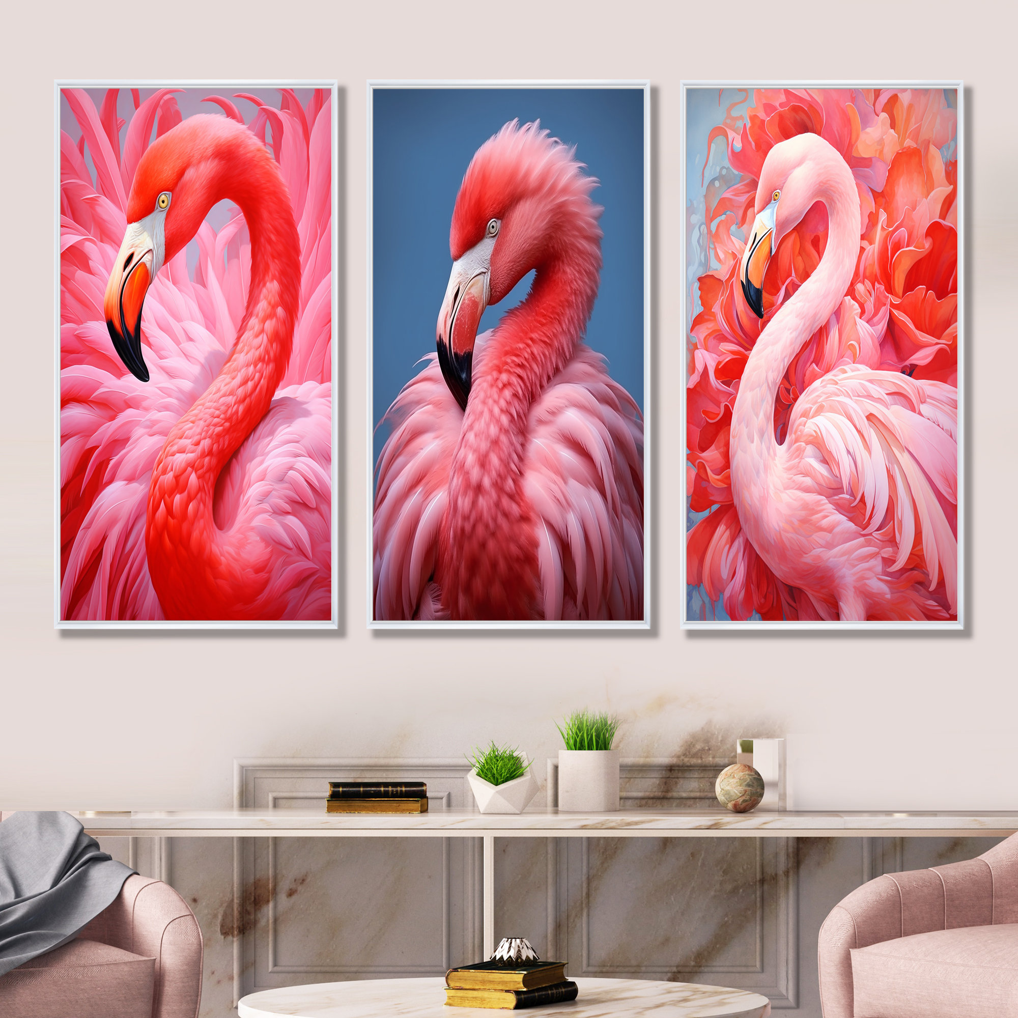Design Art Pink Flamingo Haven - Flamingo Wall Art Living Room Set Of 3 ...