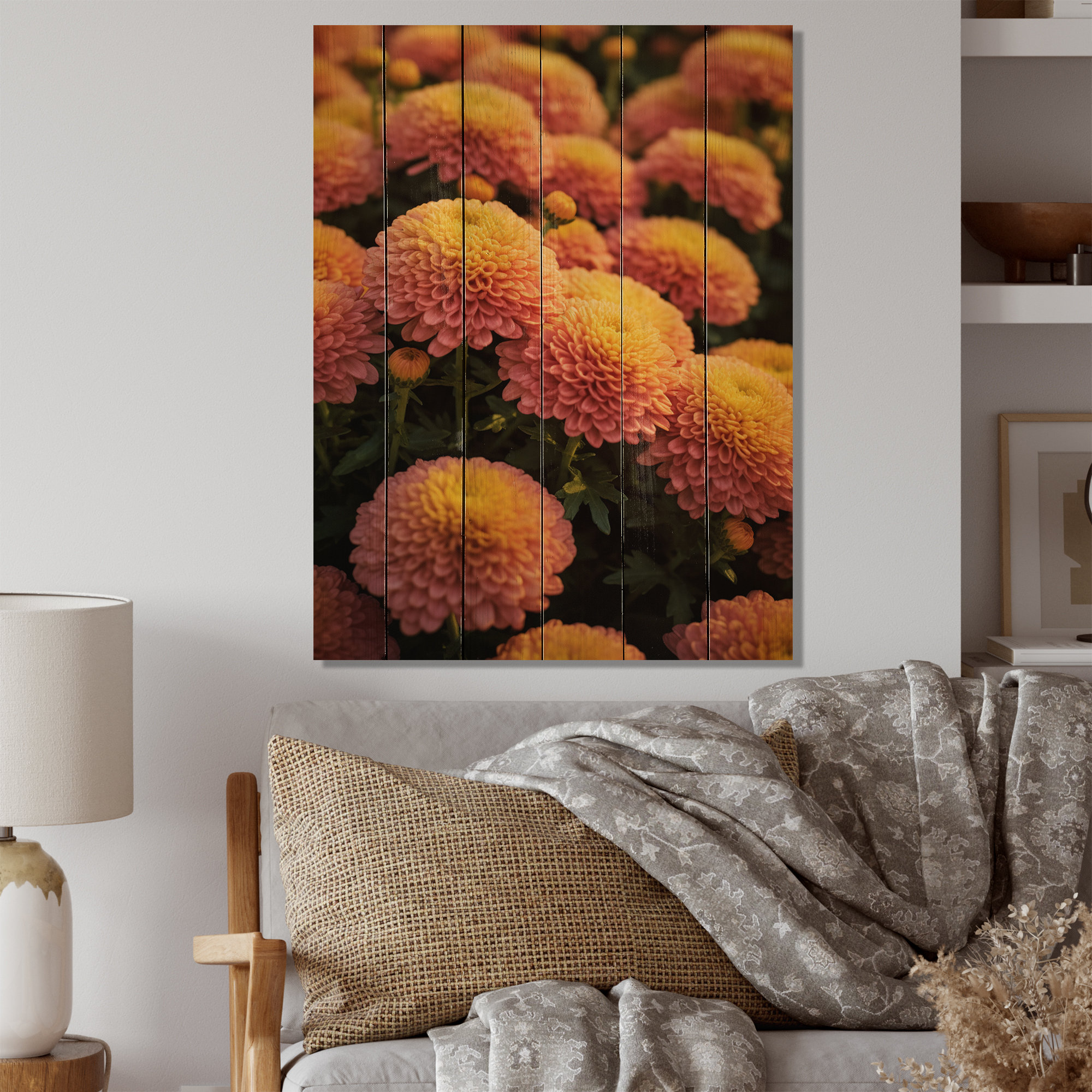 Red Barrel Studio® Chattin Peach Mums In Bloom On Wood Print | Wayfair