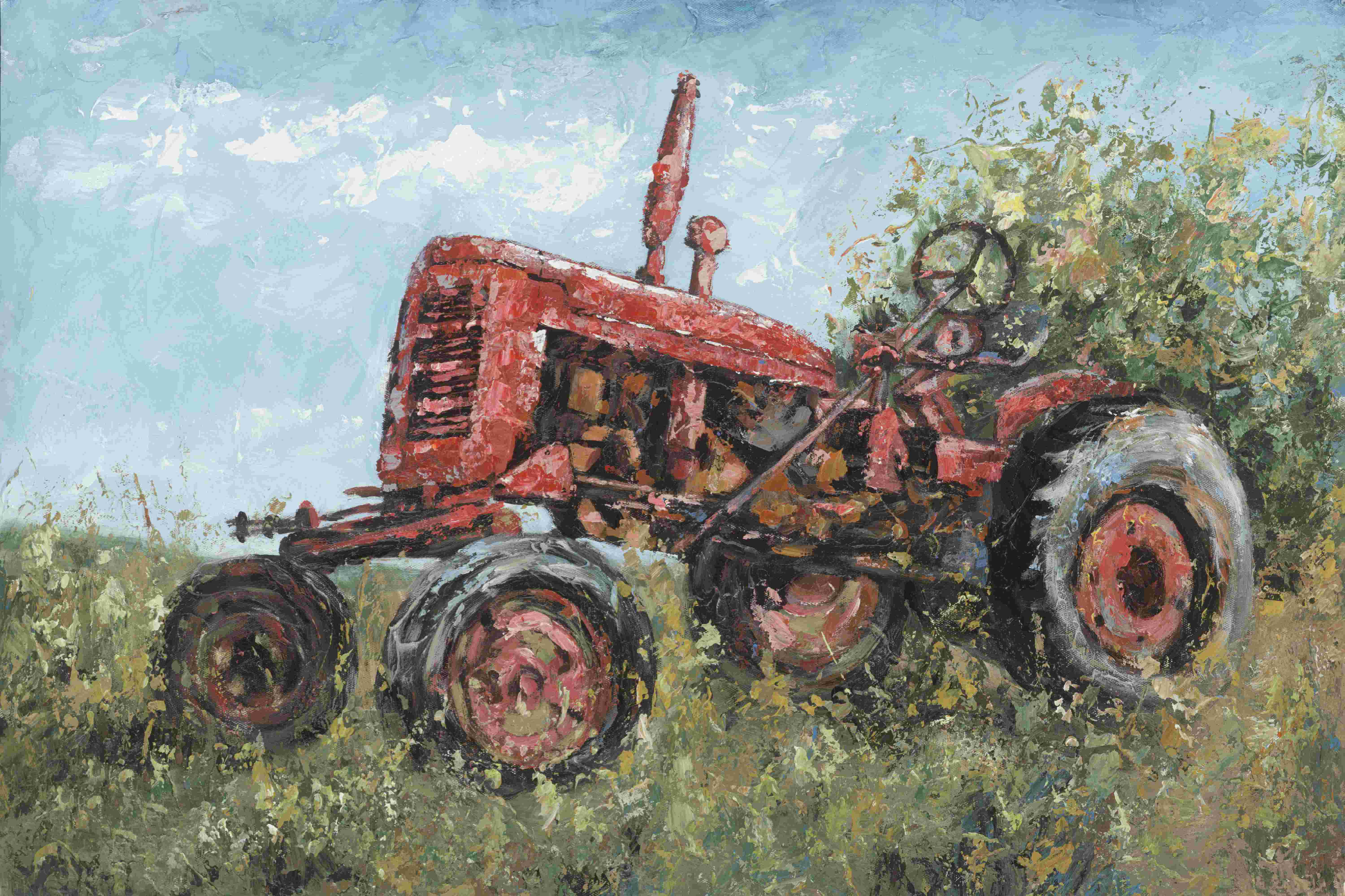 August Grove® Painted Red Tractor - Wrapped Canvas Painting | Wayfair