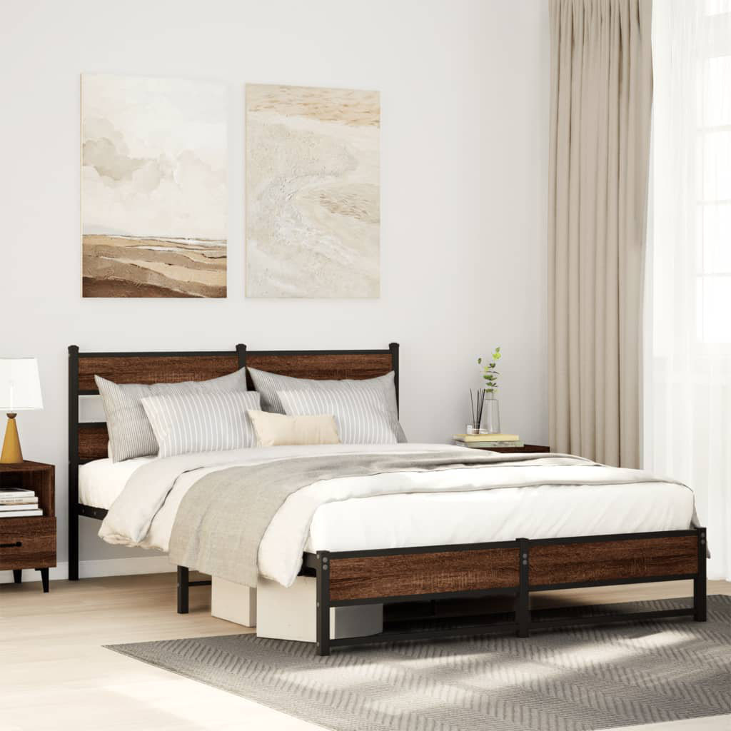 vidaXL Bed Frame Brown Oak Steel 53x74.8 in mattress size Bed Frame ...