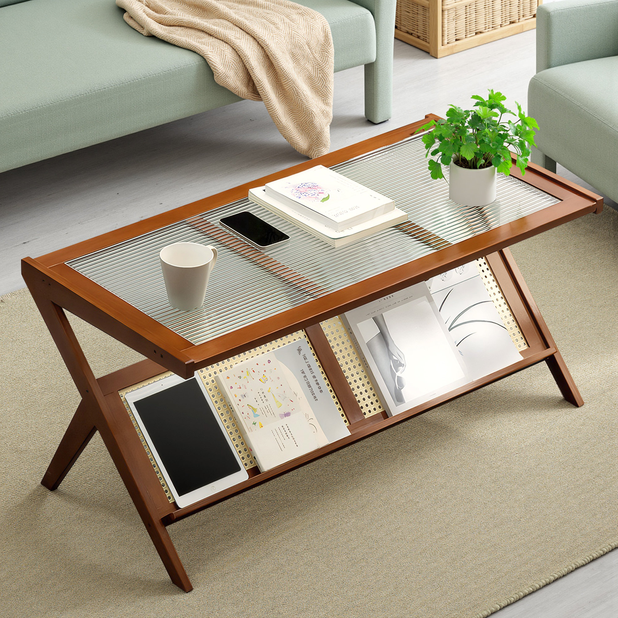 WSSYBoutique Modern Coffee Table, Wooden End Table With Glass Top ...