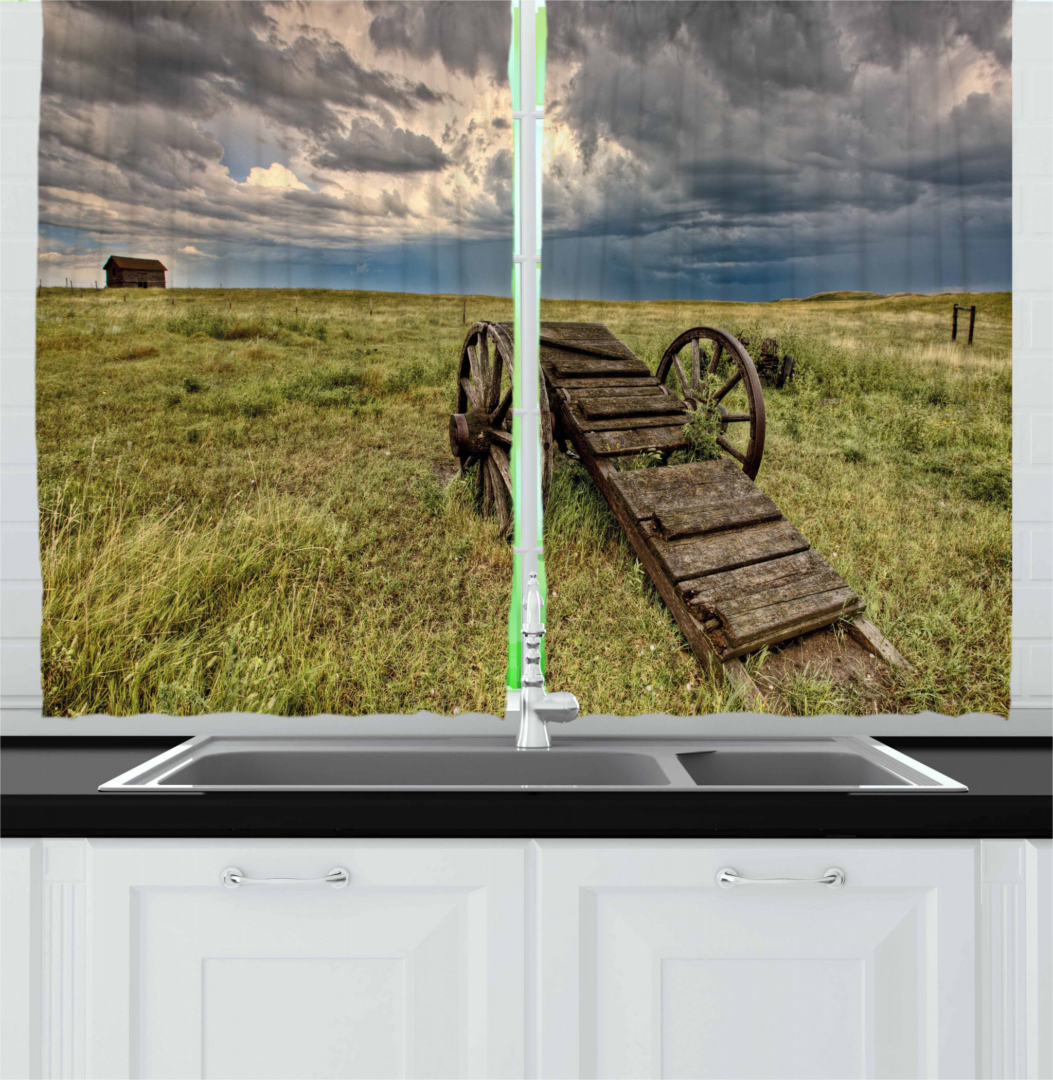 East Urban Home 2 Piece Barn Wood Wagon Wheel Kitchen Curtain | Wayfair