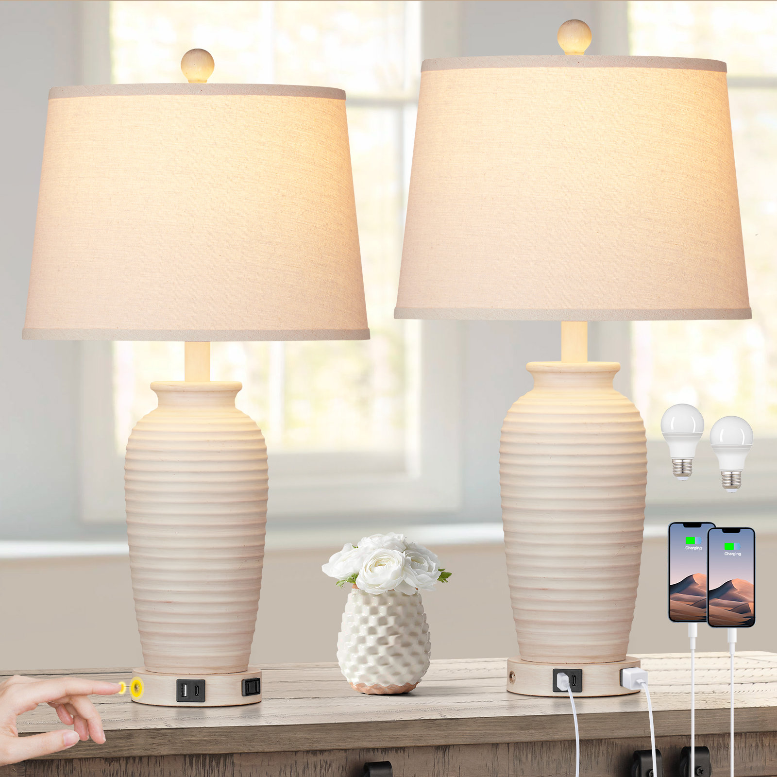 Highland Dunes Allisan 24.3" USB Table Lamp Set with Touch Control and ...