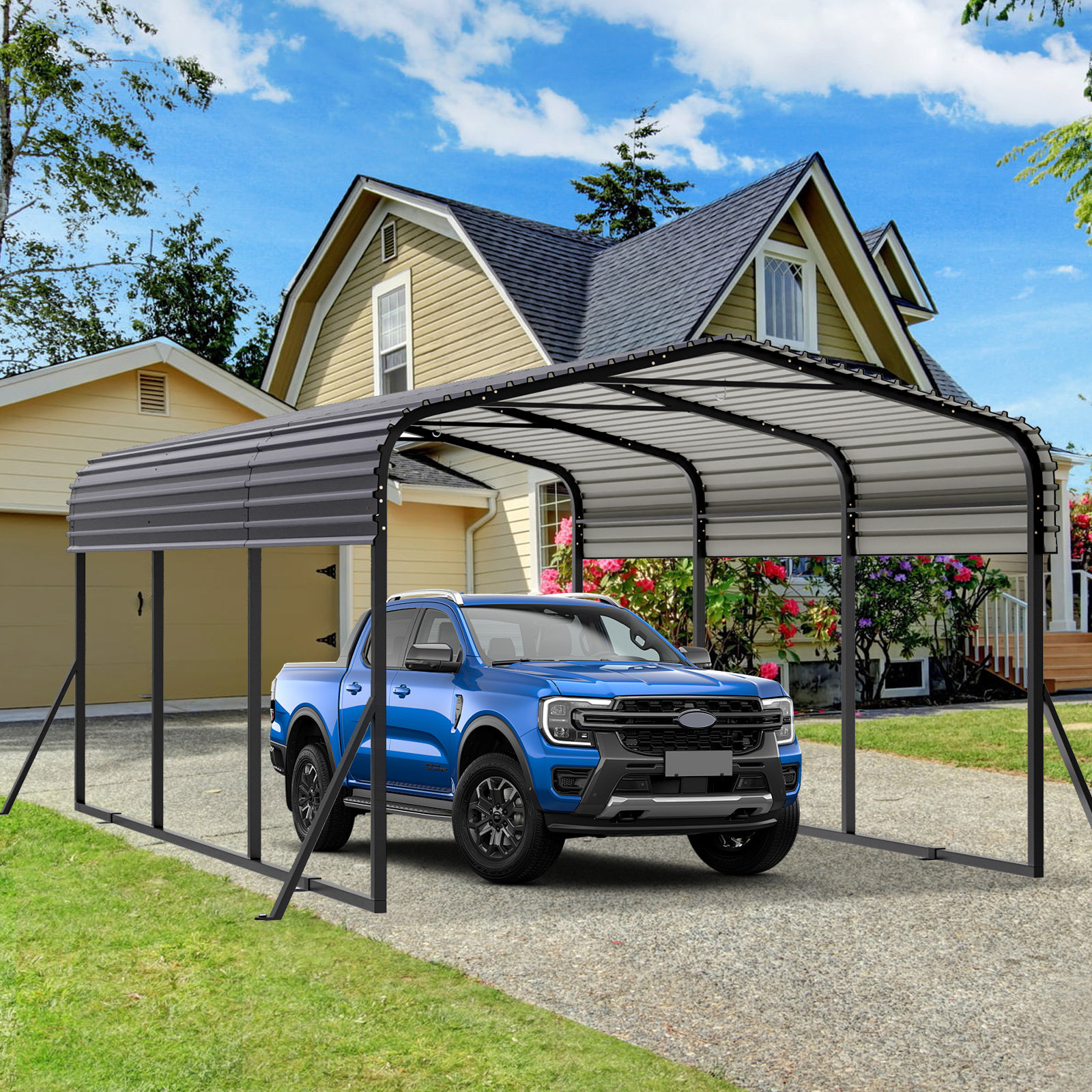 HUUHRIN 12'x20' Heavy Duty Metal Carport, Outdoor Garage Car Shelter ...