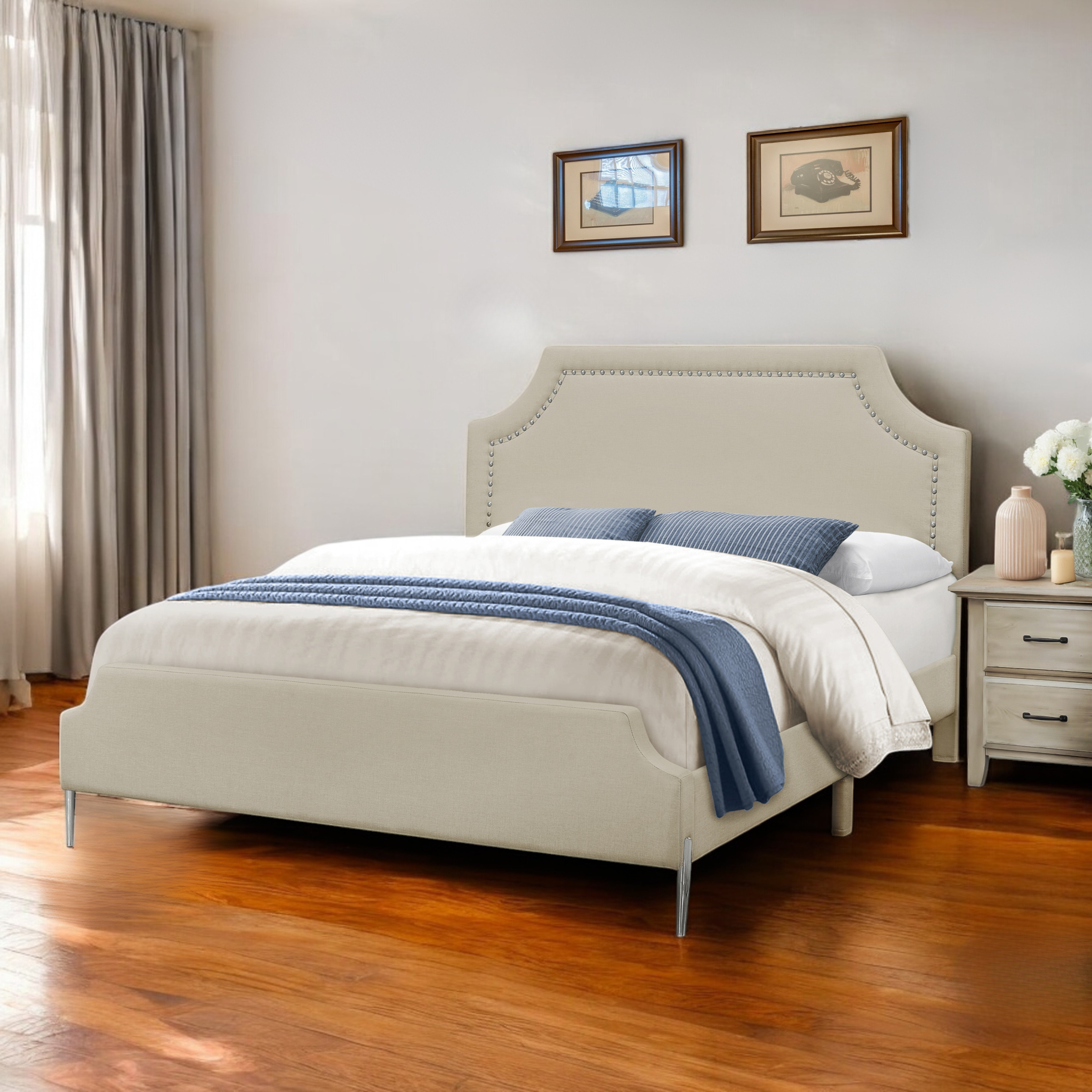 Lark Manor Lisimba Queen Size Upholstered Bed, Beige Linen Look, Chrome Metal Legs, Transitional ...