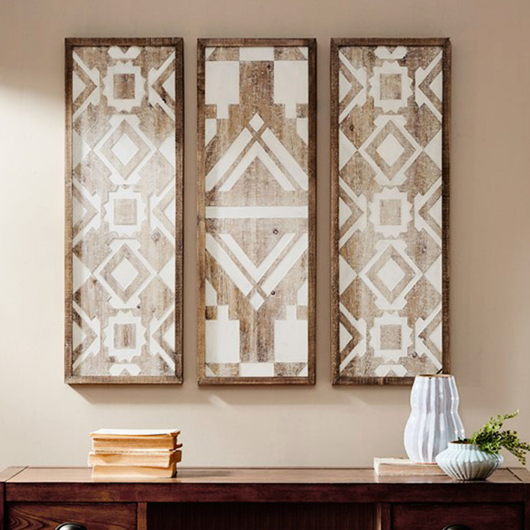 Dakota Fields Two-tone Geometric Art Panels - Natural Wood Tone And ...