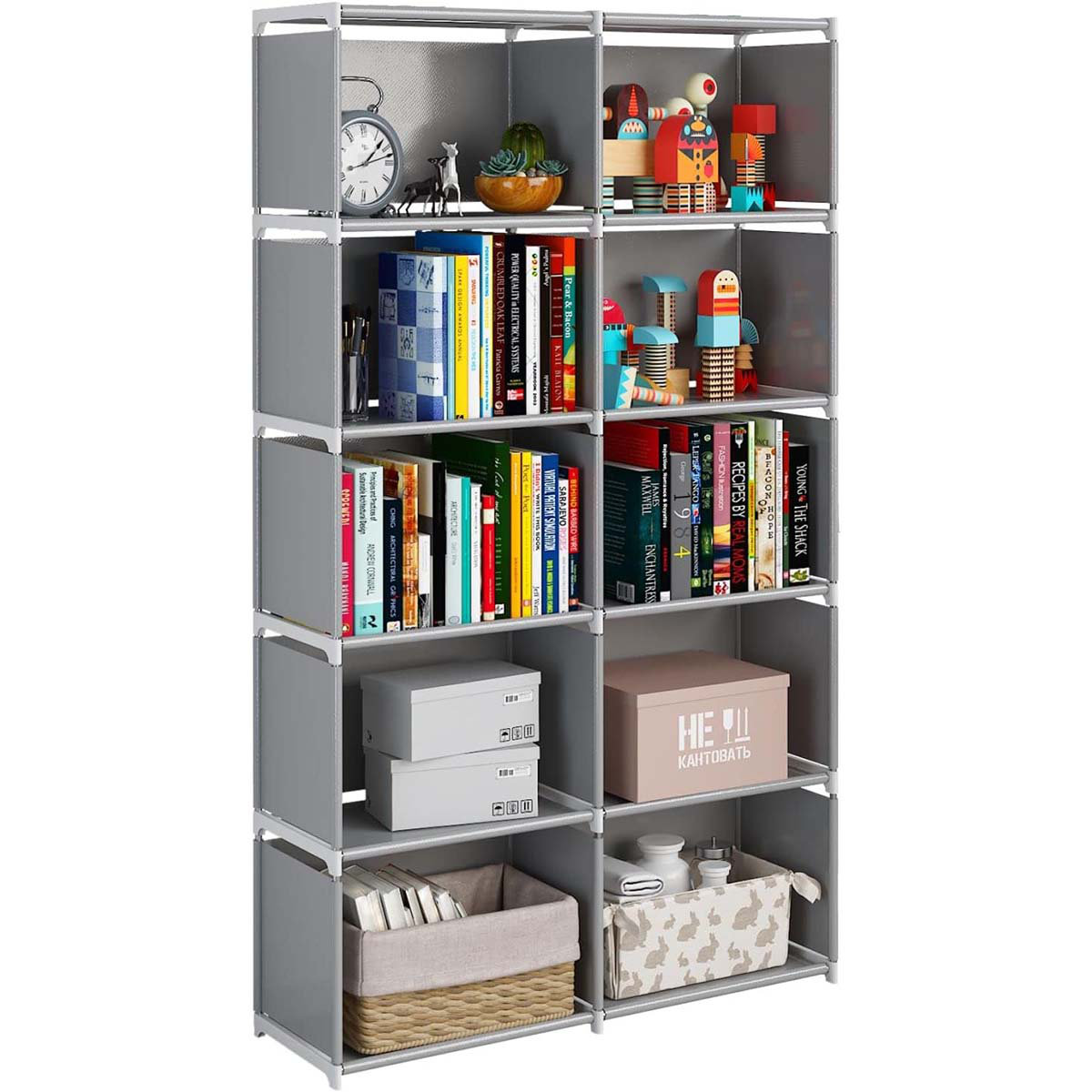 KINOFO 6-Tiers Portable Bookshelf With Fabric Cloth At Back, 10 Cube ...