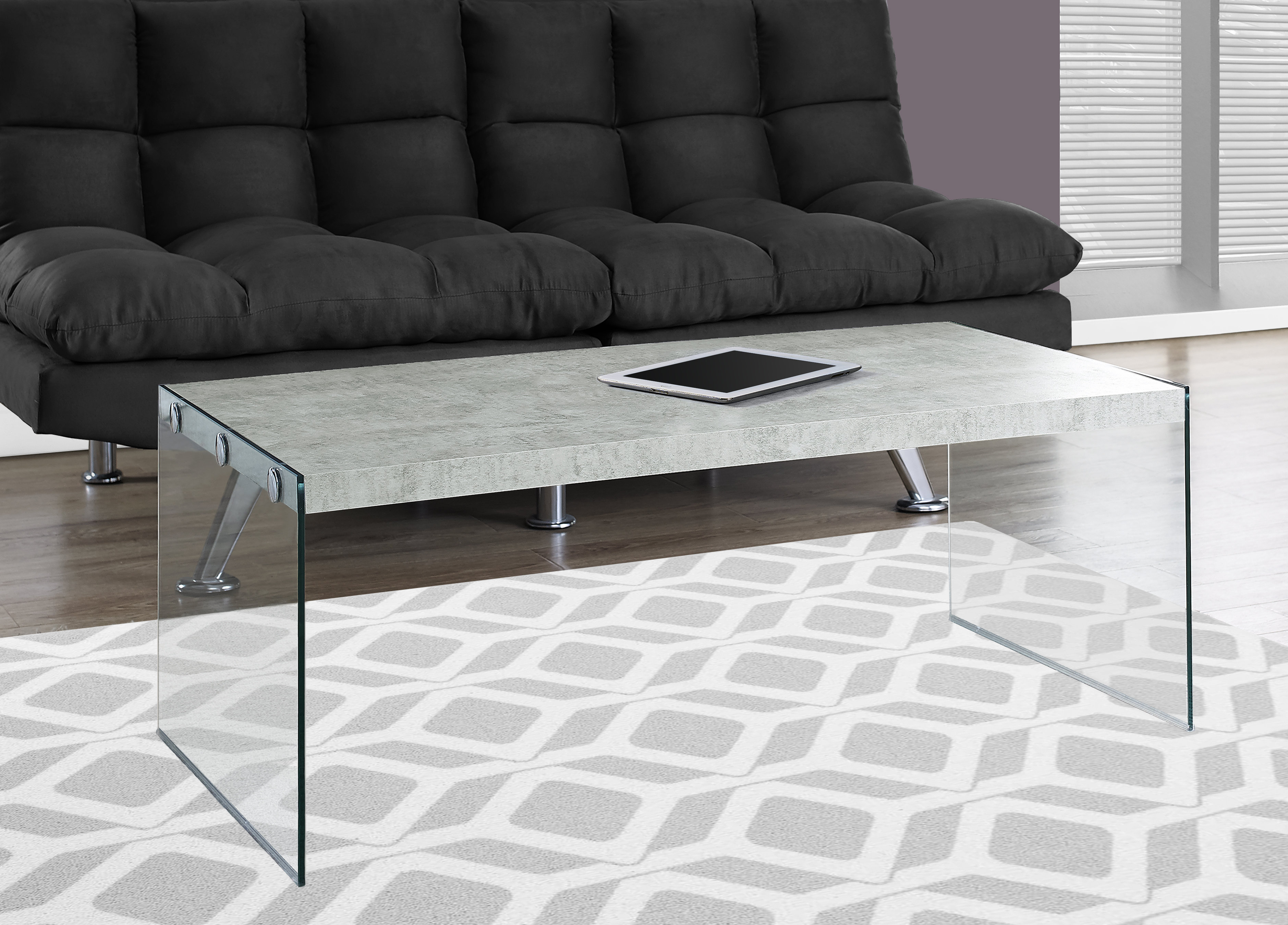 Benjara Hulo Coffee Table, Clear Glass Side Panels, 44 Inch Gray Wood ...