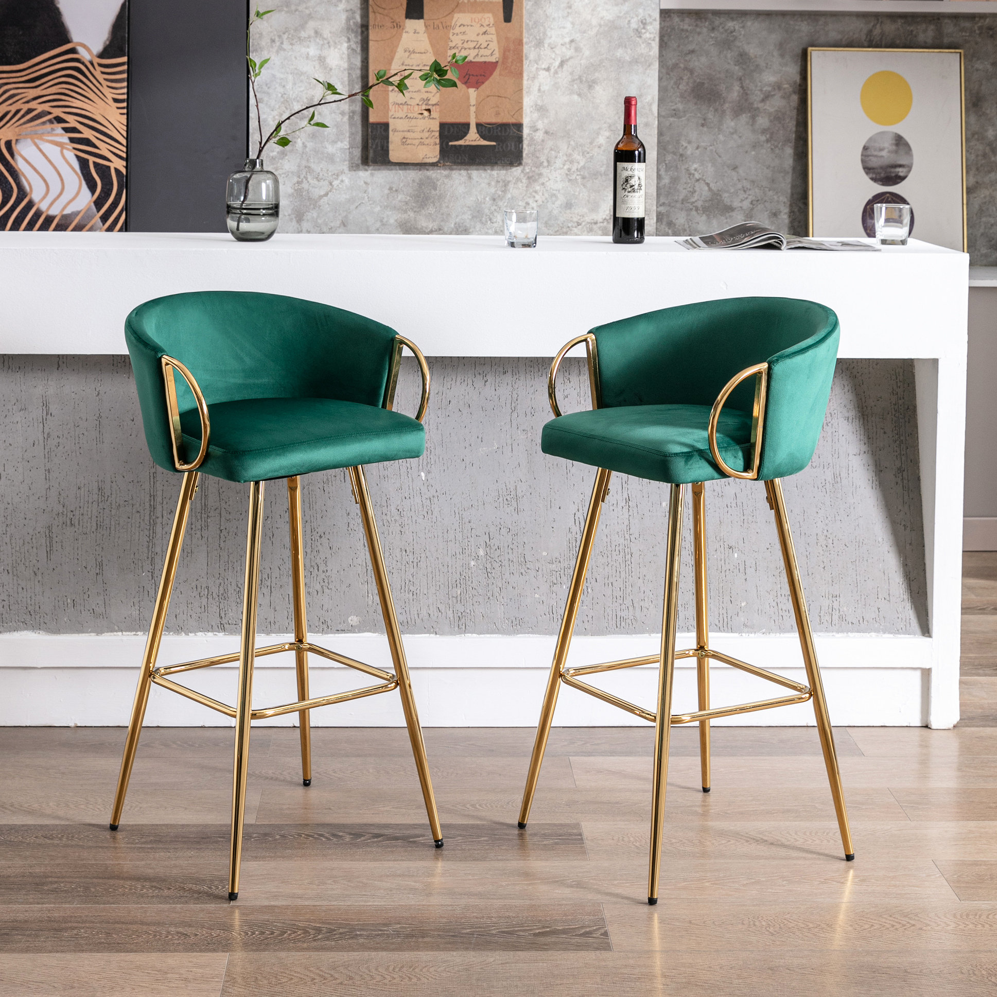 Mercer41 Of 2 30 Inch Bar Stools, Velvet And Golden Leg Base, Footrest ...
