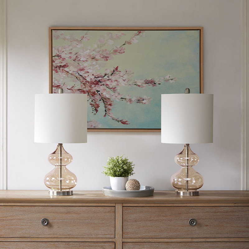 Rosecliff Heights Ellipse Curved Pink Glass Table Lamp Set of 2 with ...